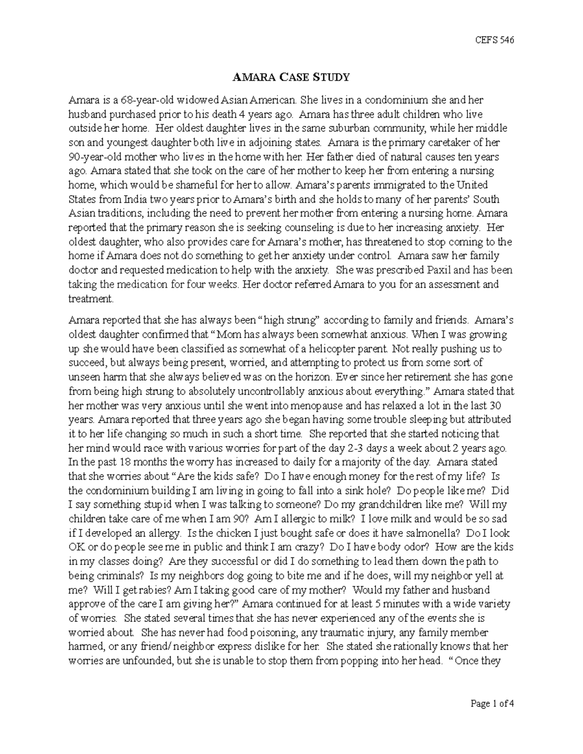 Amara Case Study COUC CEFS 546 - AMARA CASE STUDY Amara is a 68-year-old widowed Asian American ...