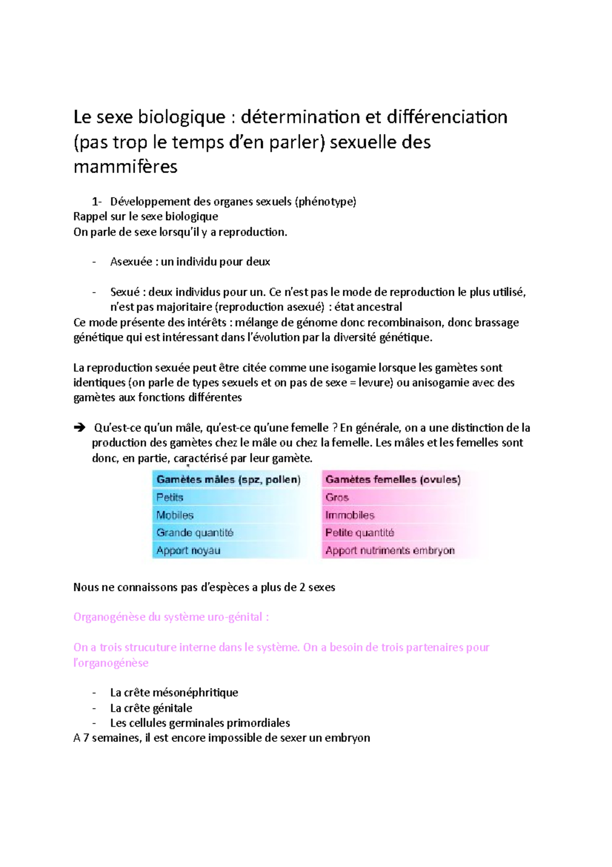 Sexe - chapitre sur la différenciation sexuelle - Le sexe biologique : détermination et - Studocu