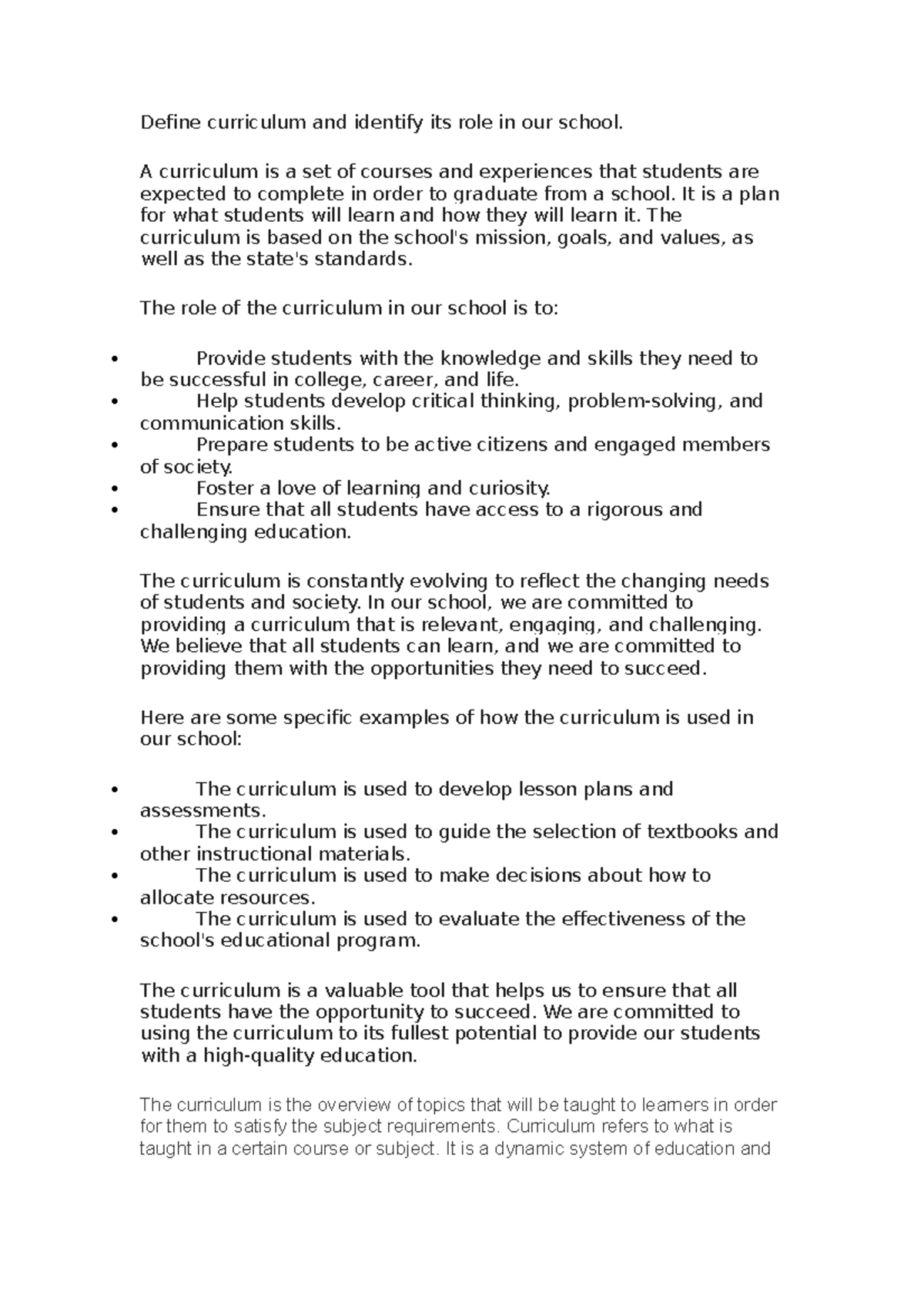 Curriculum and its role - Define curriculum and identify its role in ...