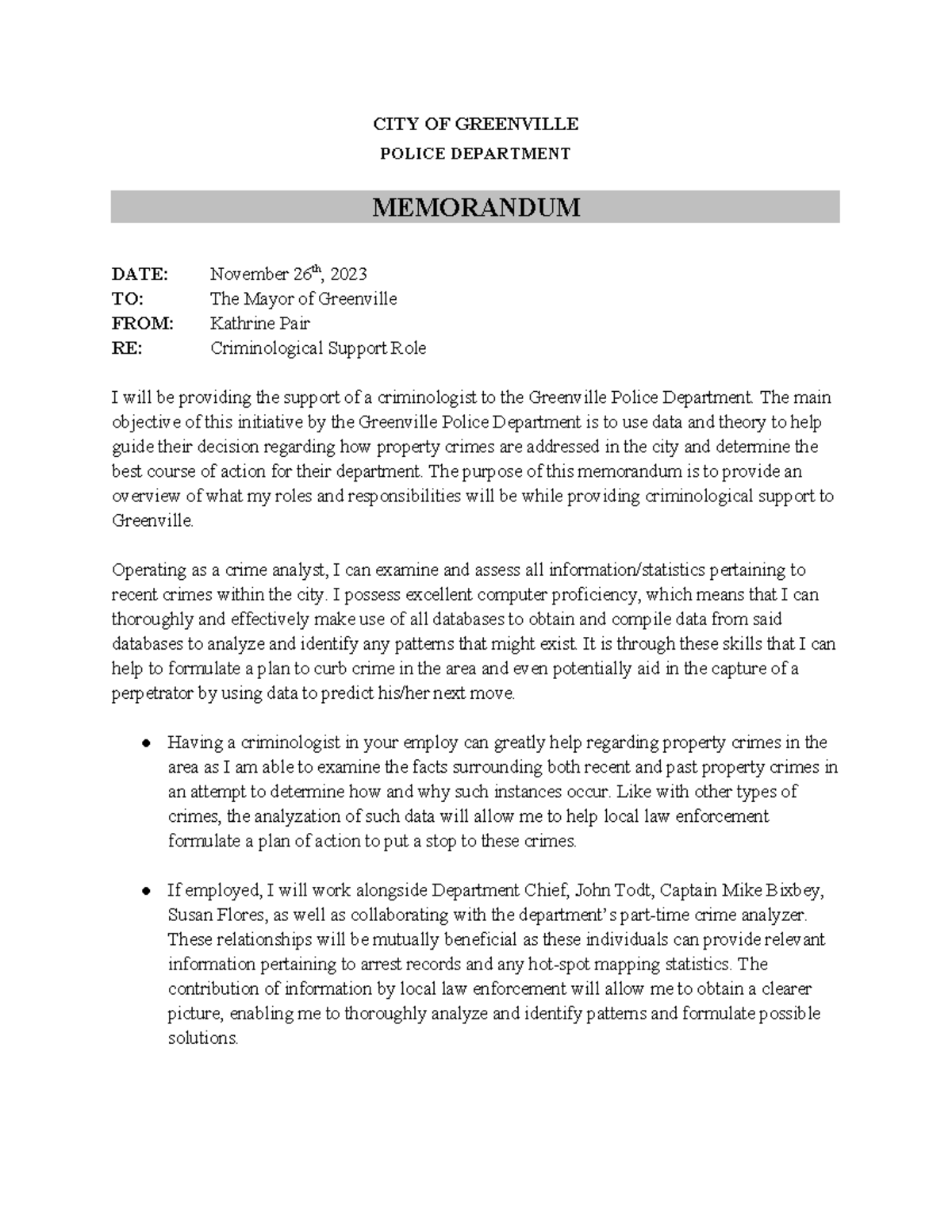 Project one - CITY OF GREENVILLE POLICE DEPARTMENT MEMORANDUM DATE ...