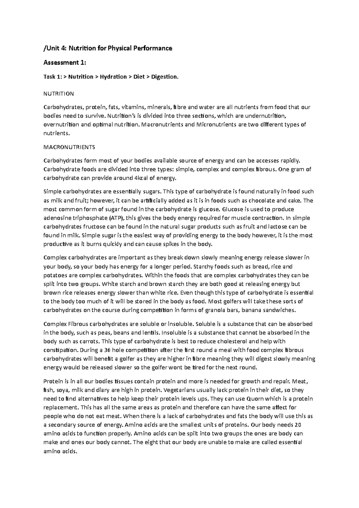 Nutrition 1 - /Unit 4: Nutrition for Physical Performance Assessment 1 ...