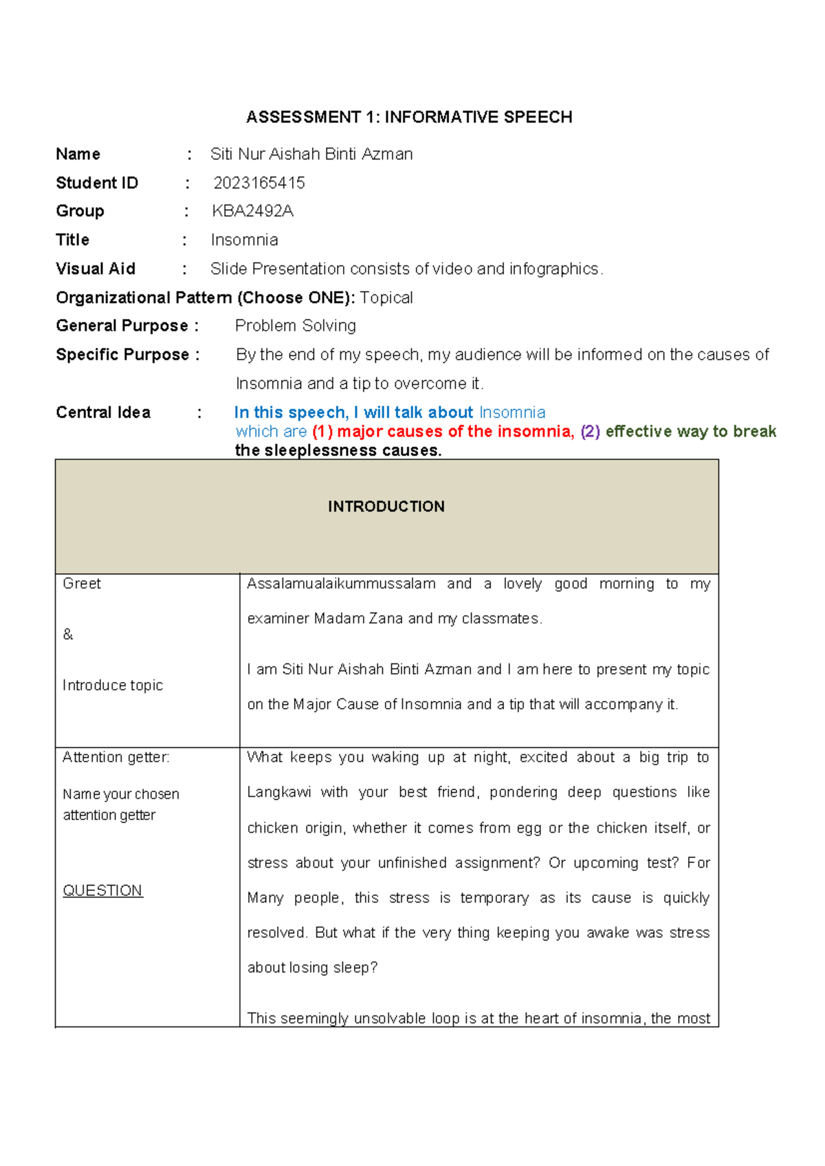 ELC590 Assessment 1 Informative Speech - ASSESSMENT 1: INFORMATIVE ...