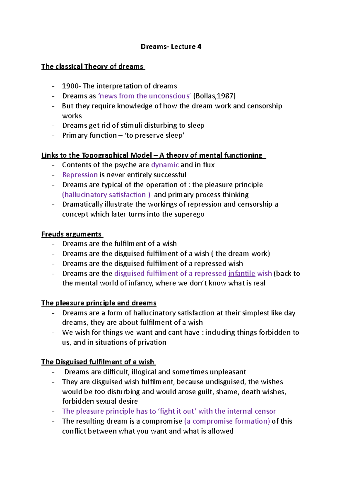 Dreams- lecture 4 - Anne-Marie - Dreams- Lecture 4 The classical Theory ...