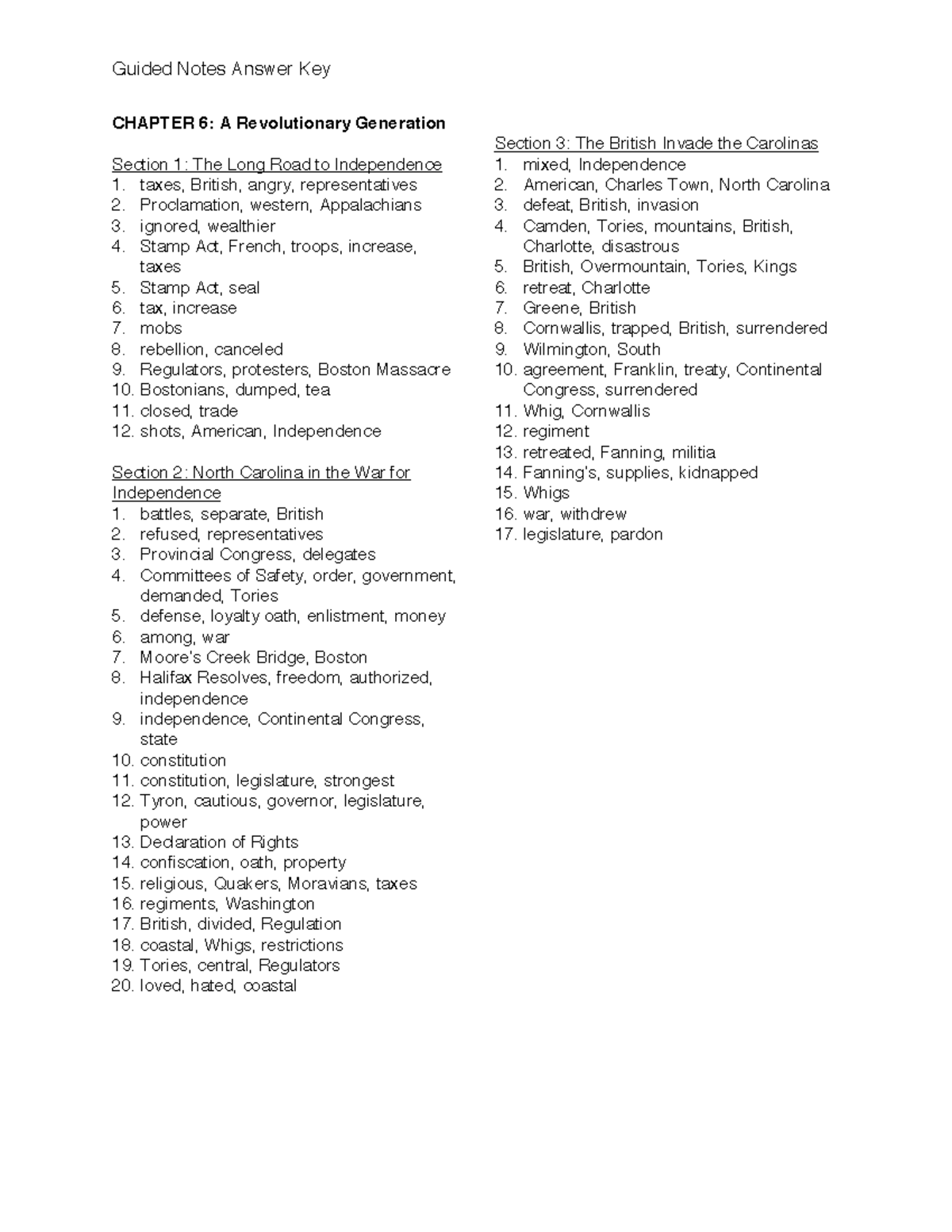Answer Key 6 - NC History - Guided Notes Answer Key CHAPTER 6: A ...