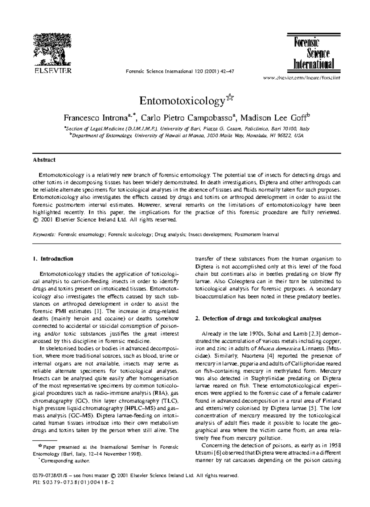 Entomotoxicología extra 6 - Entomotoxicology $ Francesco Introna a,* , Carlo Pietro Campobasso a ...