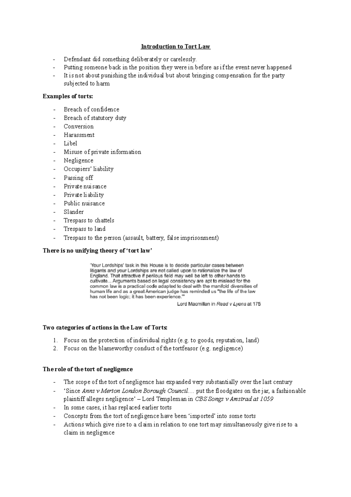 1 Introduction to the Law of Torts - Introduction to Tort Law Defendant ...