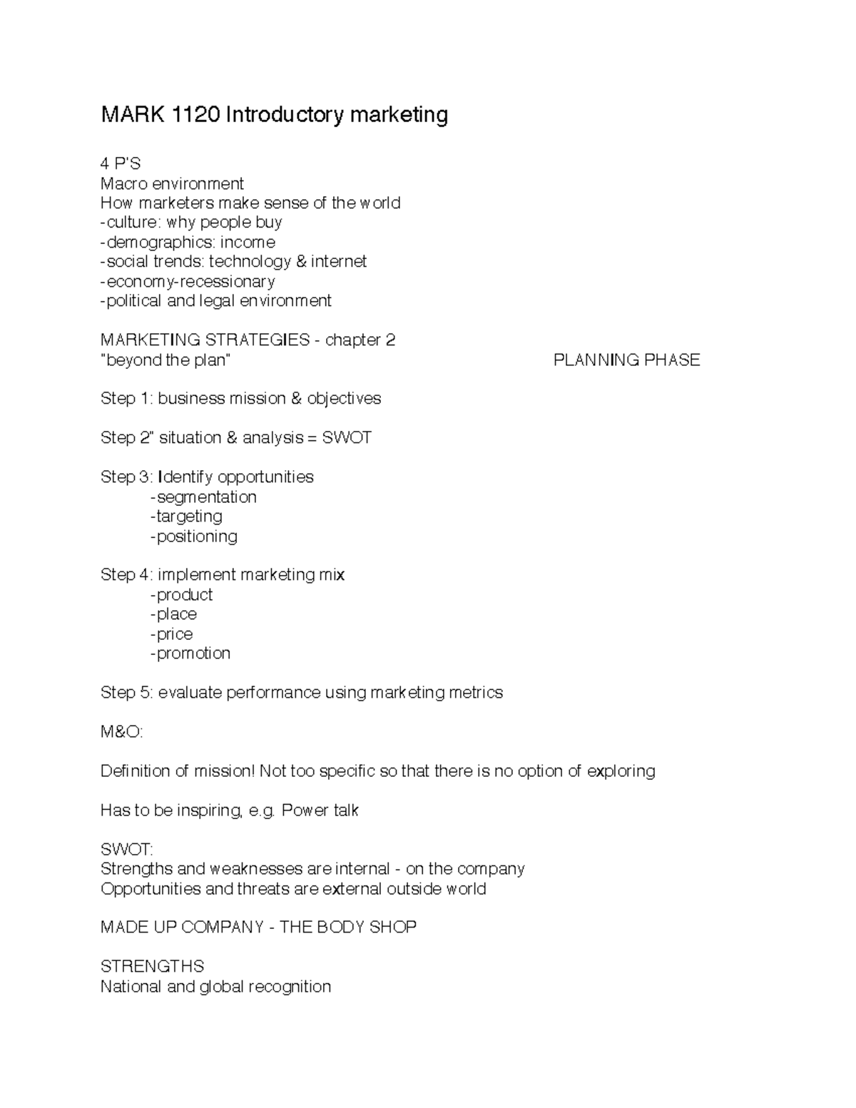 Marketing Study Guide - MARK 1120 Introductory marketing 4 Macro ...