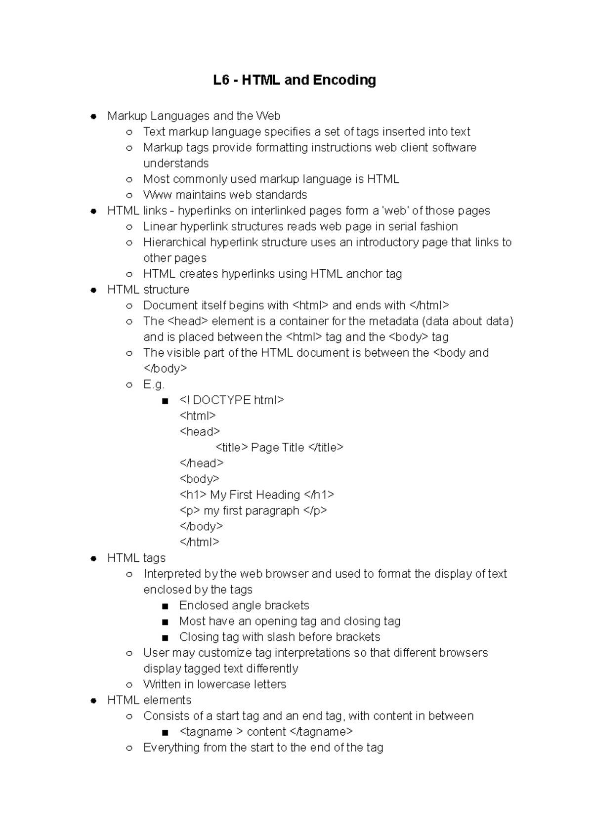 L6 - HTML and Encoding - Lecture notes 6 - L6 HTML and Encoding Markup ...