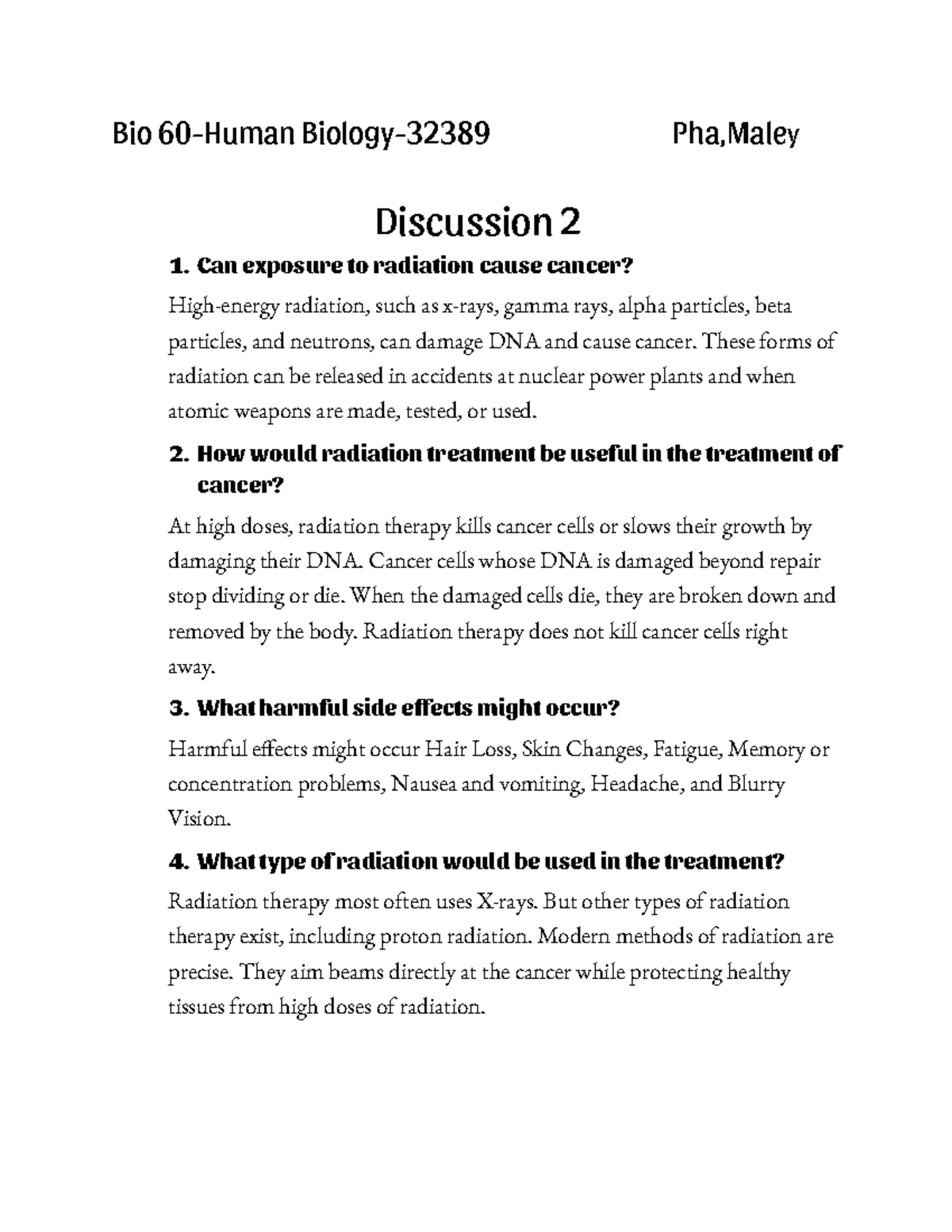 Discussion 2 - Bio 60-Human Biology-32389 Pha,Maley Discussion 2 Can ...