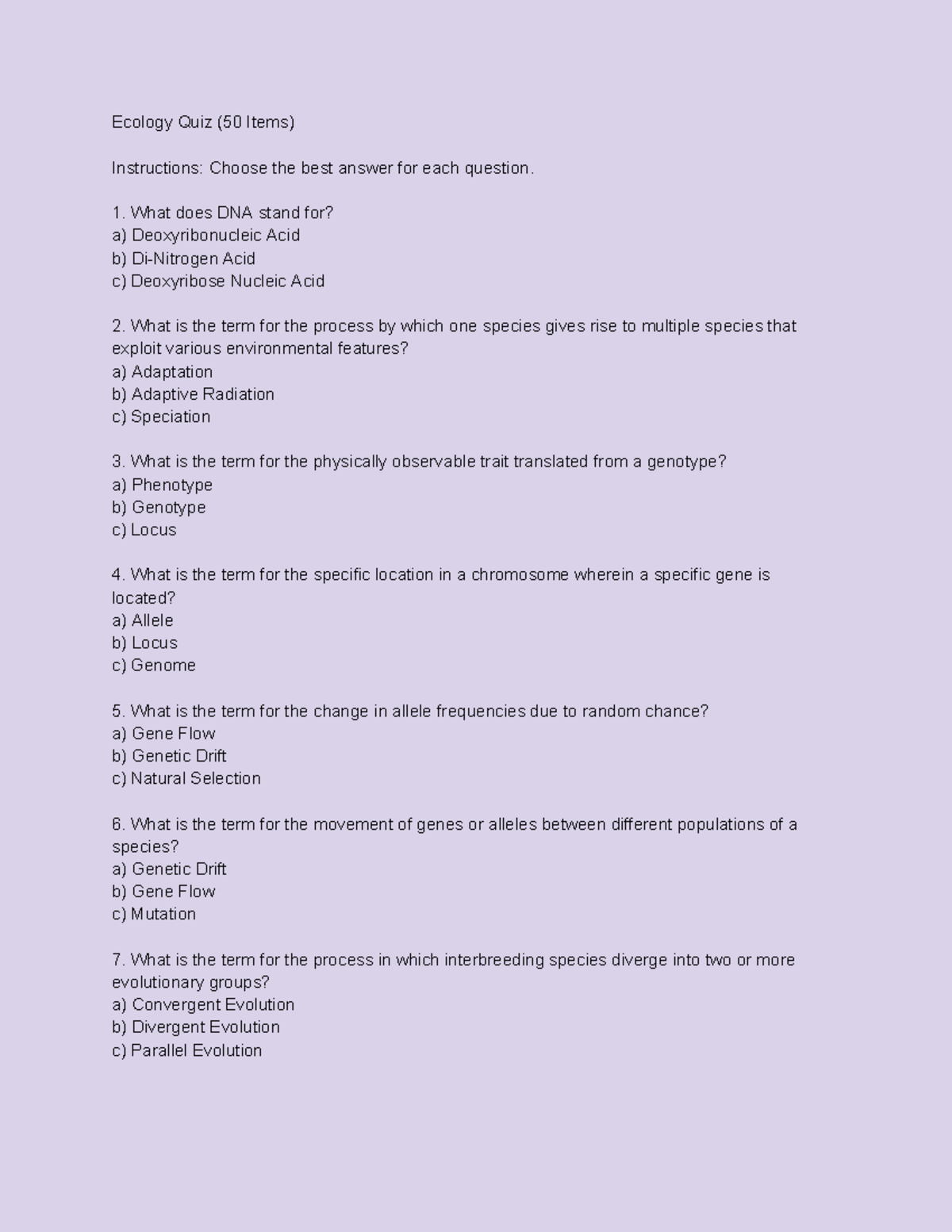 Ecotest - Ecology test - Ecology Quiz (50 Items) Instructions: Choose ...