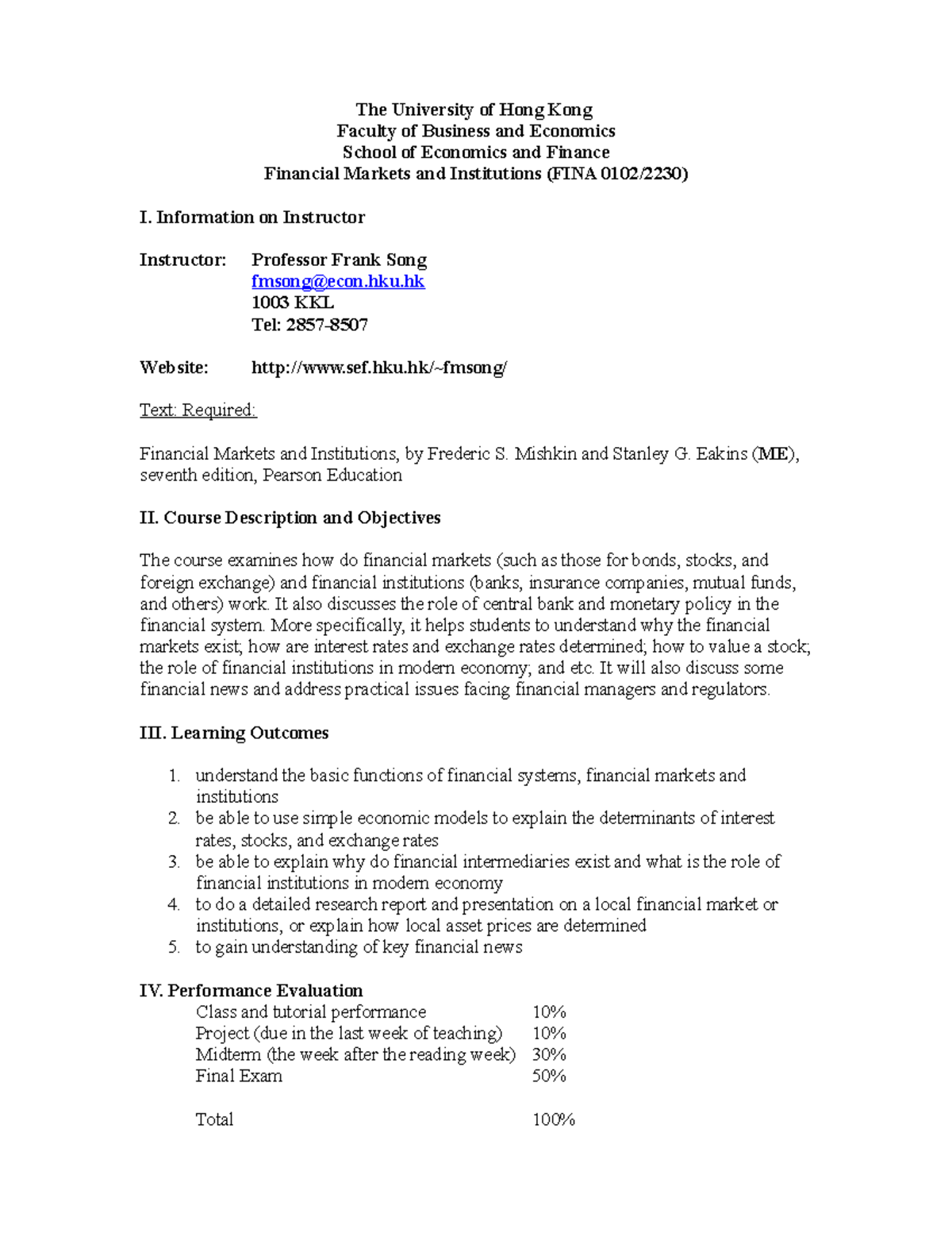 FMI syllabus updated on 13Jan - The University of Hong Kong Faculty of Business and Economics ...