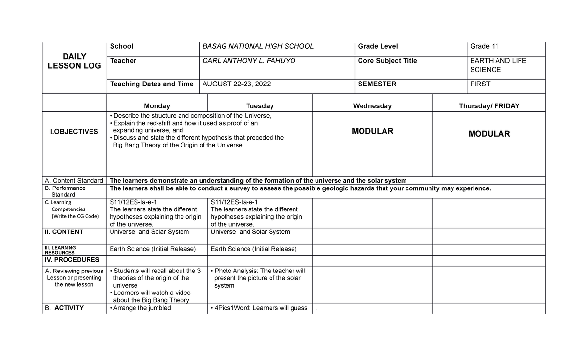 DLL Earth AND LIFE - DLL - DAILY LESSON LOG School BASAG NATIONAL HIGH ...