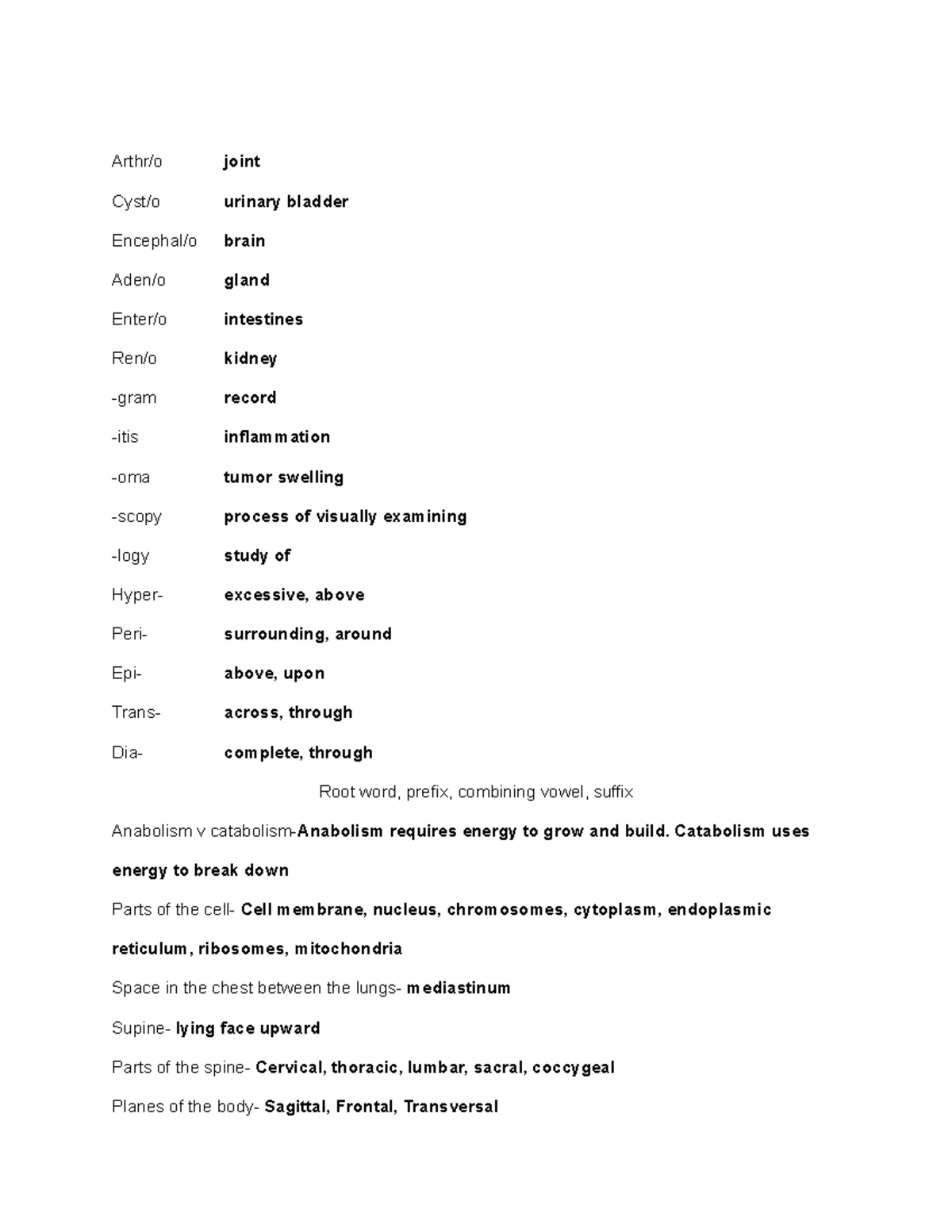 Medical Tem-study guide - Arthr/o joint Cyst/o urinary bladder Encephal ...
