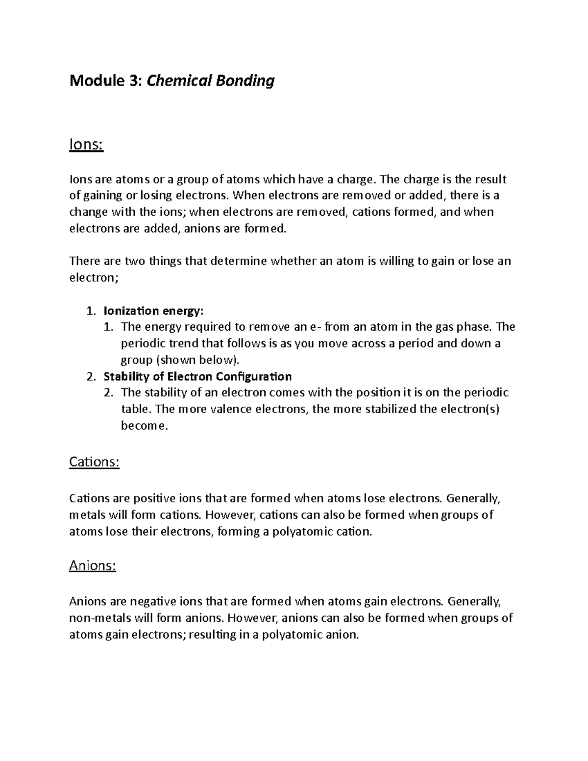 Module 3-chemical bonding - Module 3: Chemical Bonding Ions: Ions are ...