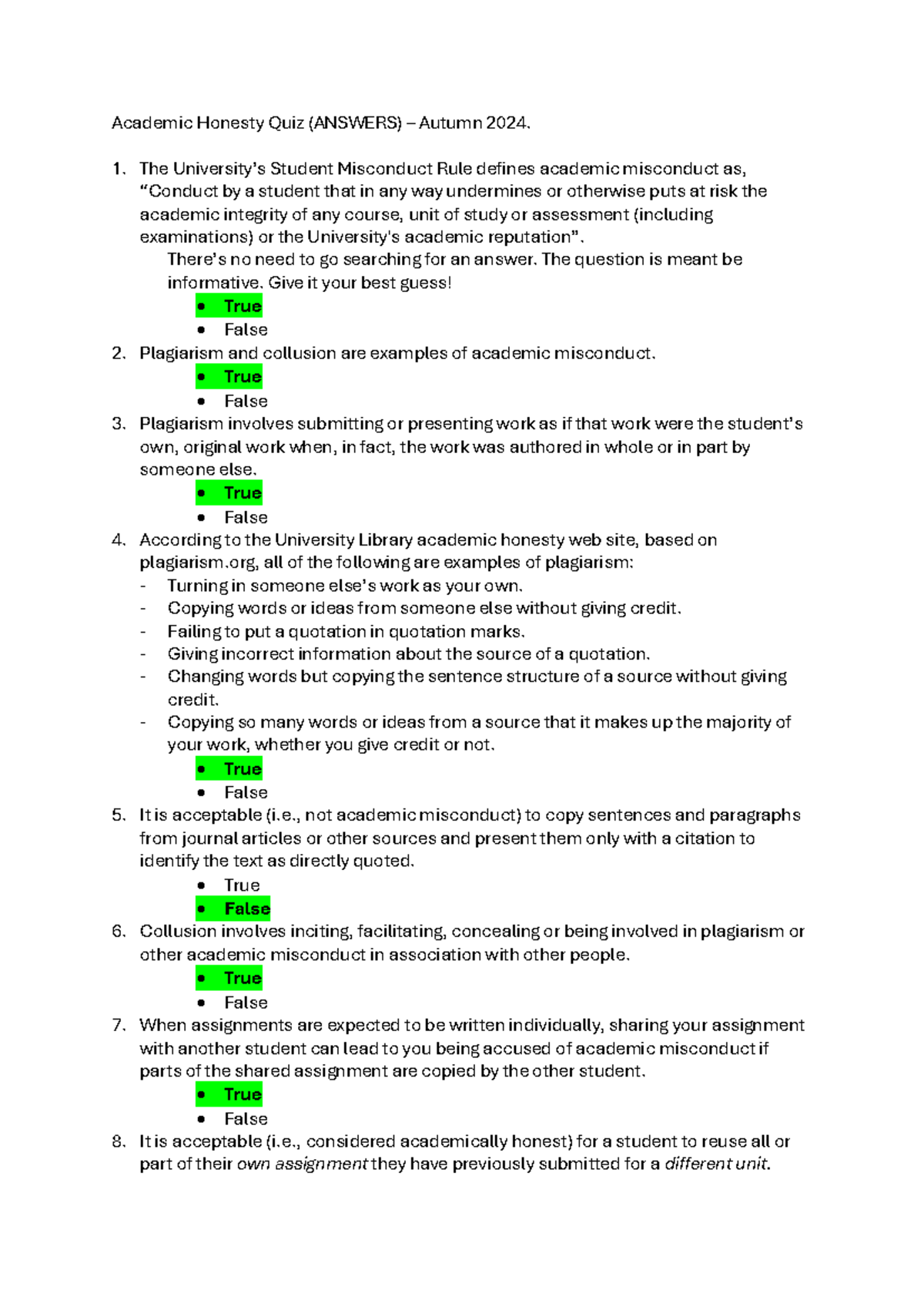2024 - Academic Honesty Quiz - Academic Honesty Quiz (ANSWERS) – Autumn ...