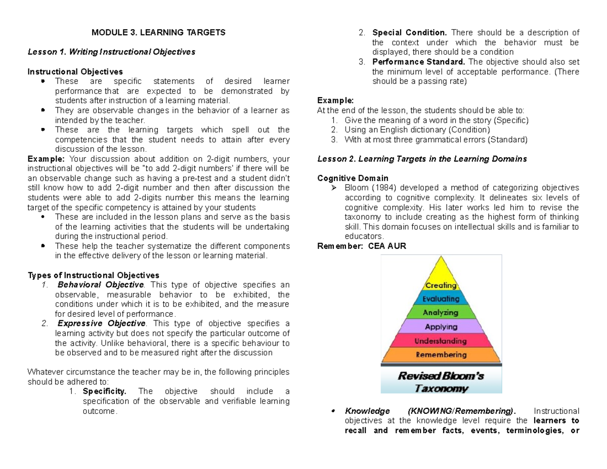 EDUC 105 Module-3-Lesson-1-4 - MODULE 3. LEARNING TARGETS Lesson 1 ...