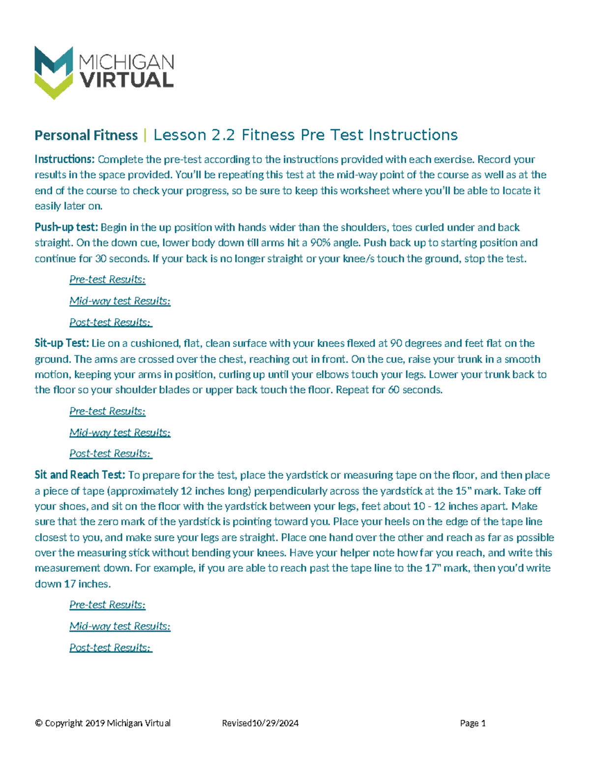 2.2 Fitness Pre Test Assignment - Personal Fitness | Lesson 2 Fitness ...