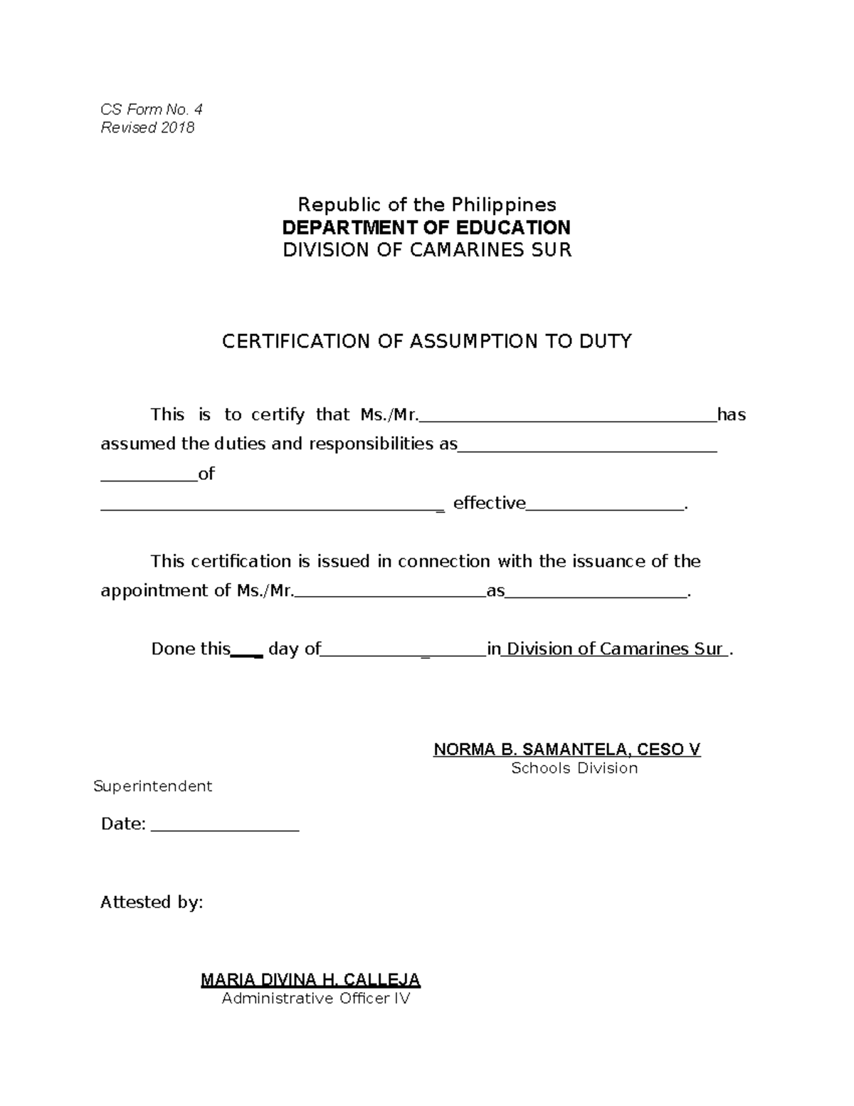 Cs-form-4-assumption to duty - CS Form No. 4 Revised 2018 Republic of ...