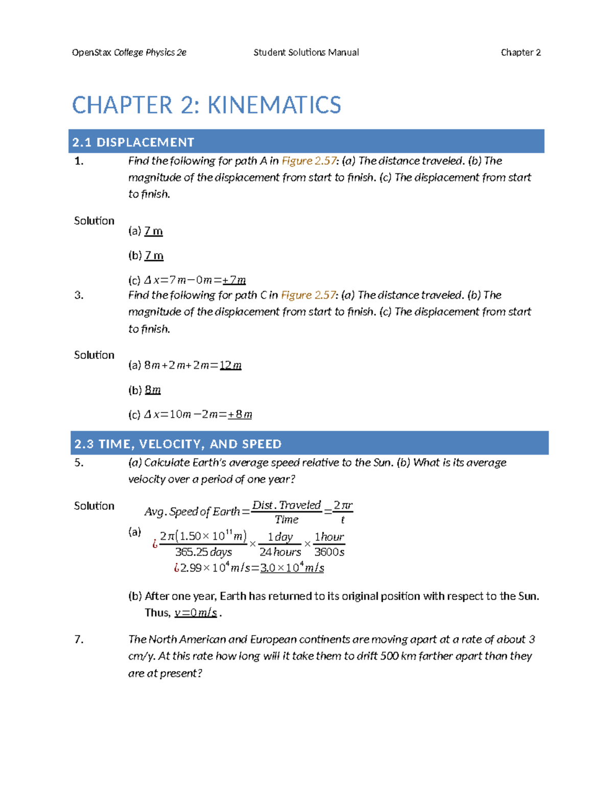College Physics 2e-SSM-Ch02 - CHAPTER 2: KINEMATICS 2 DISPLACEMENT Find ...