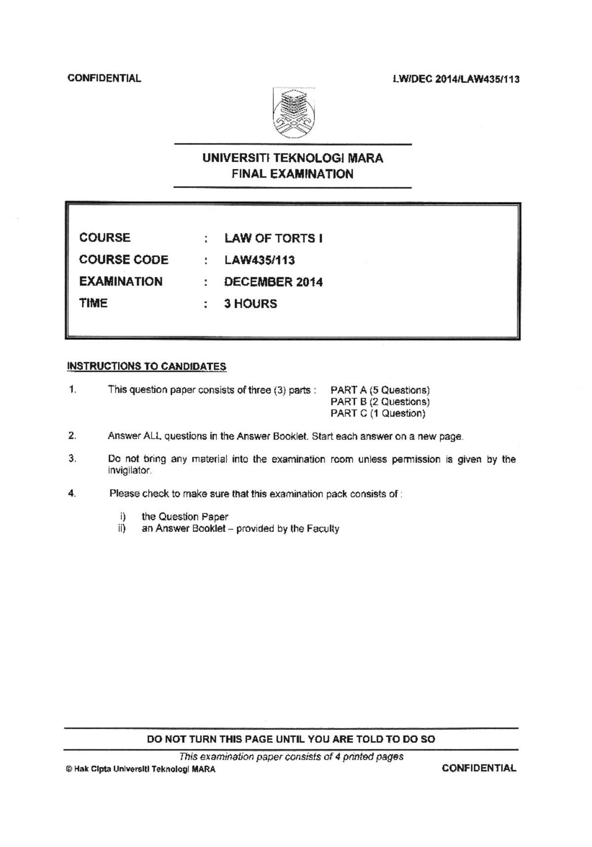 2014 Dec tort - Tort - Law of Torts I - Studocu