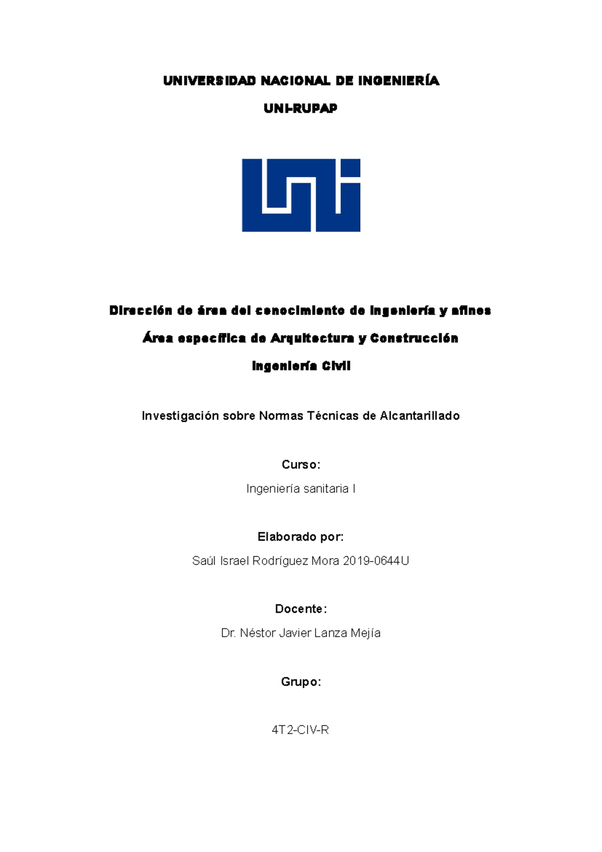 Investigación No 3. Sanitaria I - UNIVERSIDAD NACIONAL DE INGENIERÍA ...