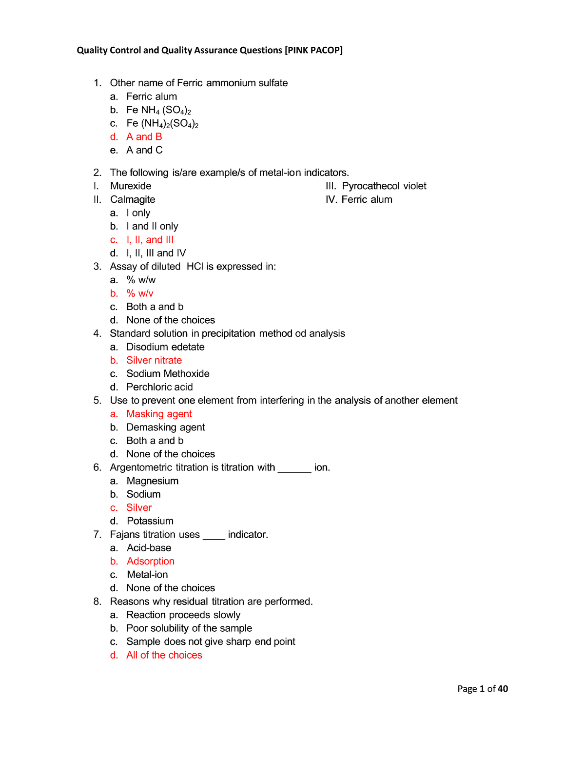 Quality control answer key pink pacop - Quality Control and Quality ...