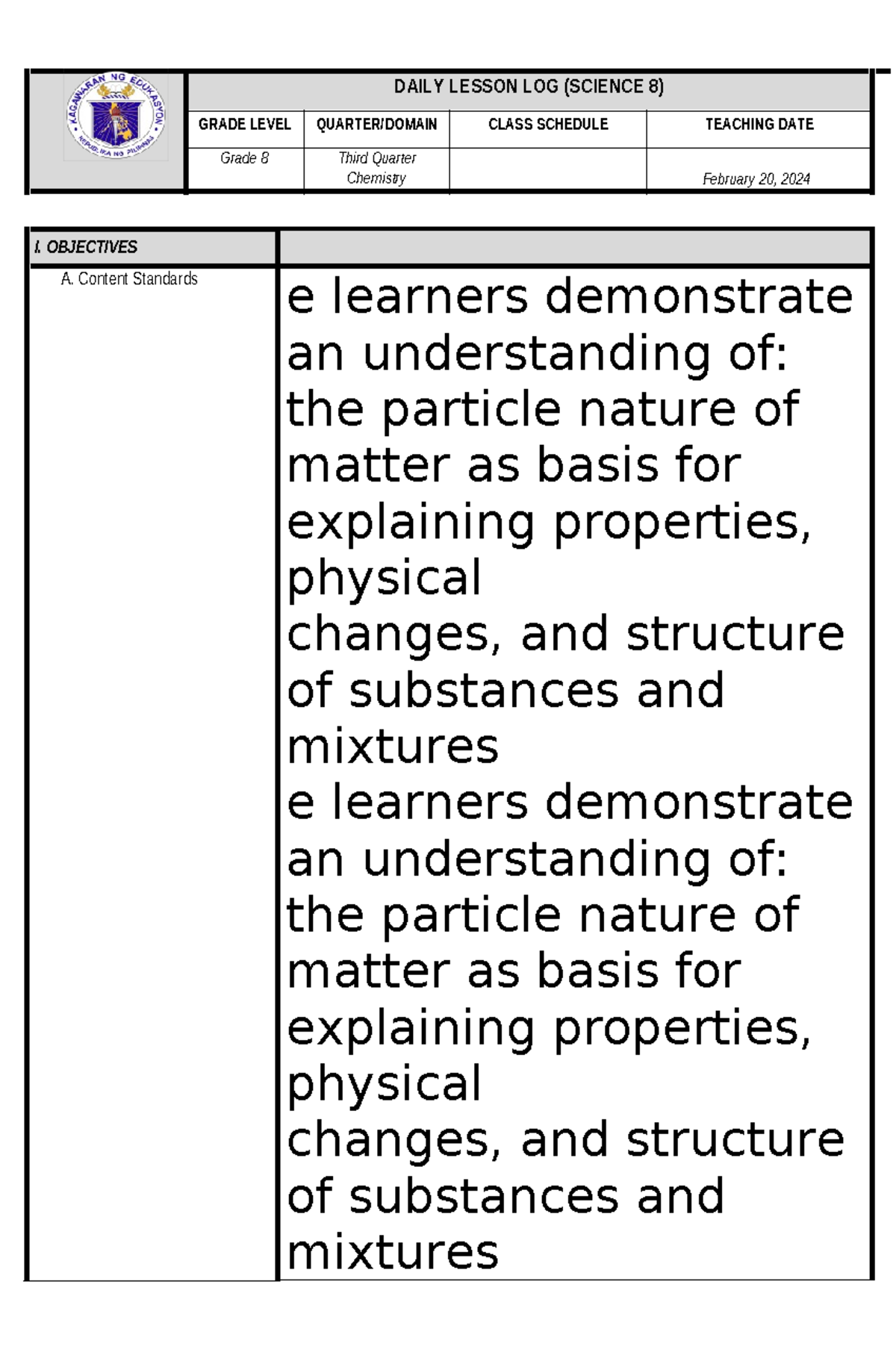 DLL Phase Changes - DAILY LESSON LOG (SCIENCE 8) GRADE LEVEL QUARTER ...