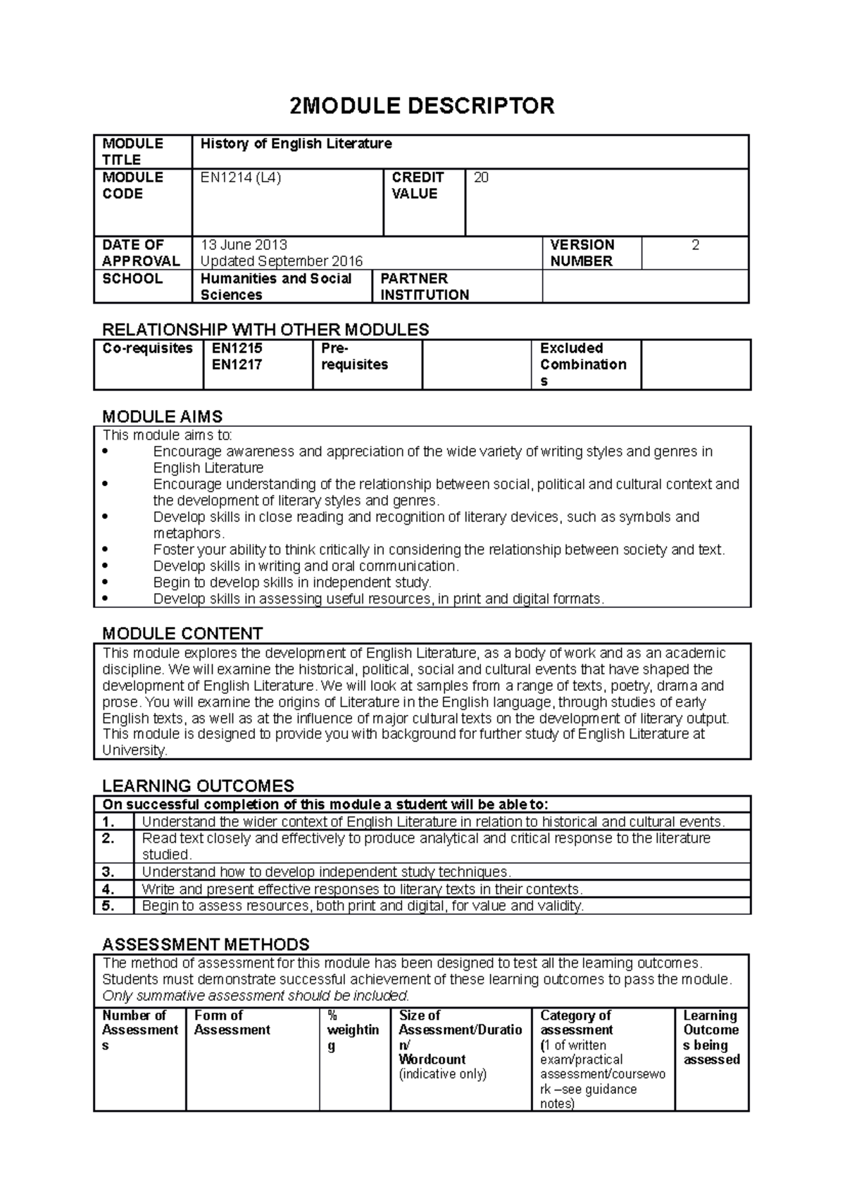 EN1214 2016 - Summary English and Skills for Study - 2MODULE DESCRIPTOR ...