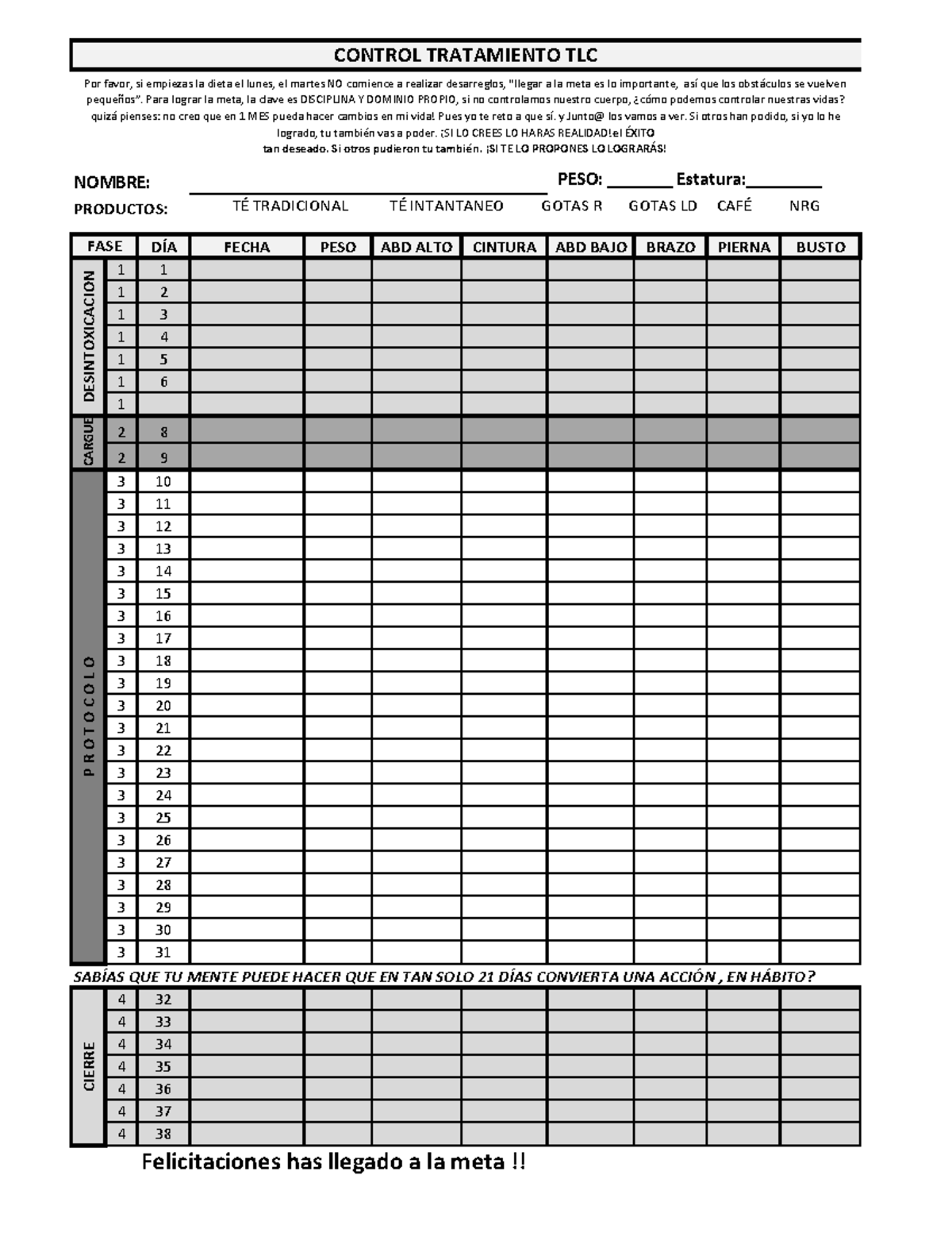 Control TLC - NOMBRE: PESO: _______ Estatura:________ PRODUCTOS: DÍA ...