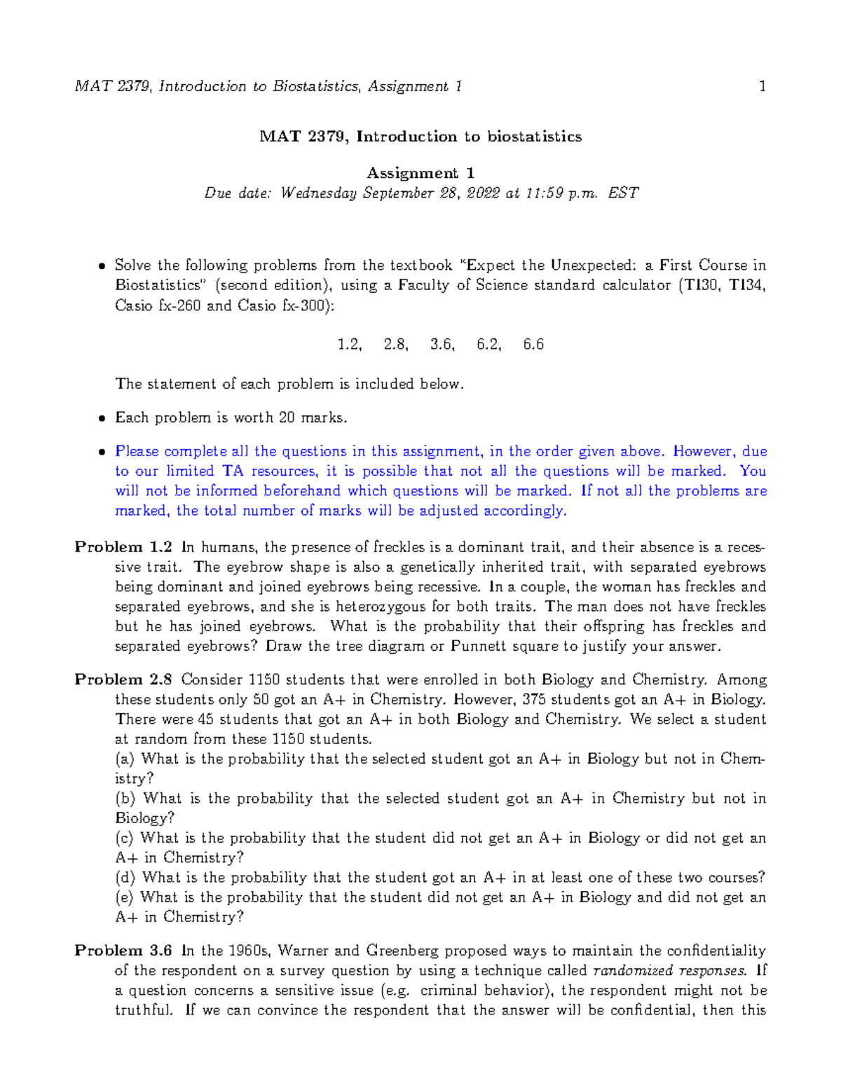 2379-assign 1-2022 - Assignment 1 - Prof Raluca Balan - MAT 2379, Introduction to Biostatistics ...
