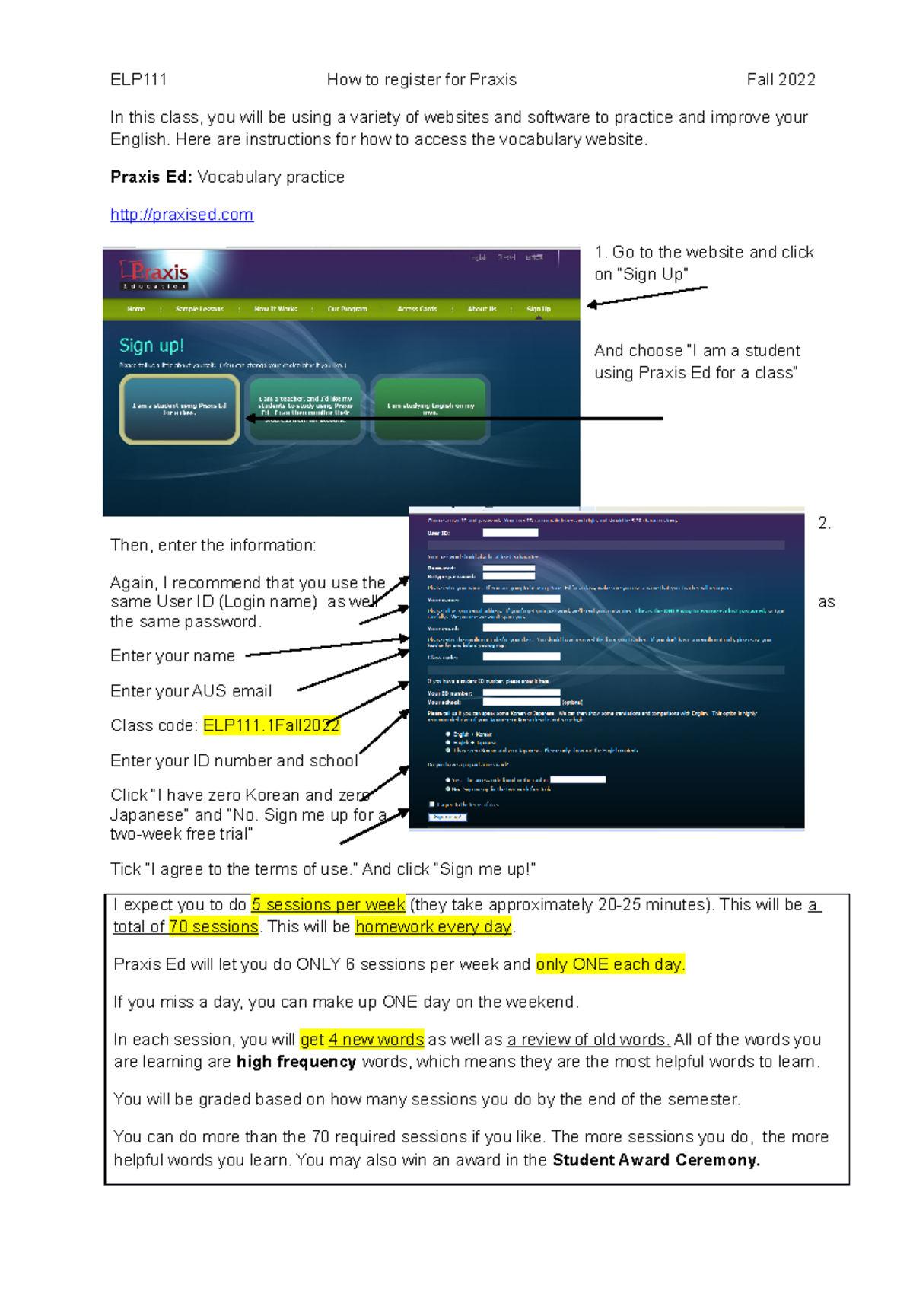 ELP111 Praxis How to register- Sample handout F22 Sec1 - ELP111 How to ...