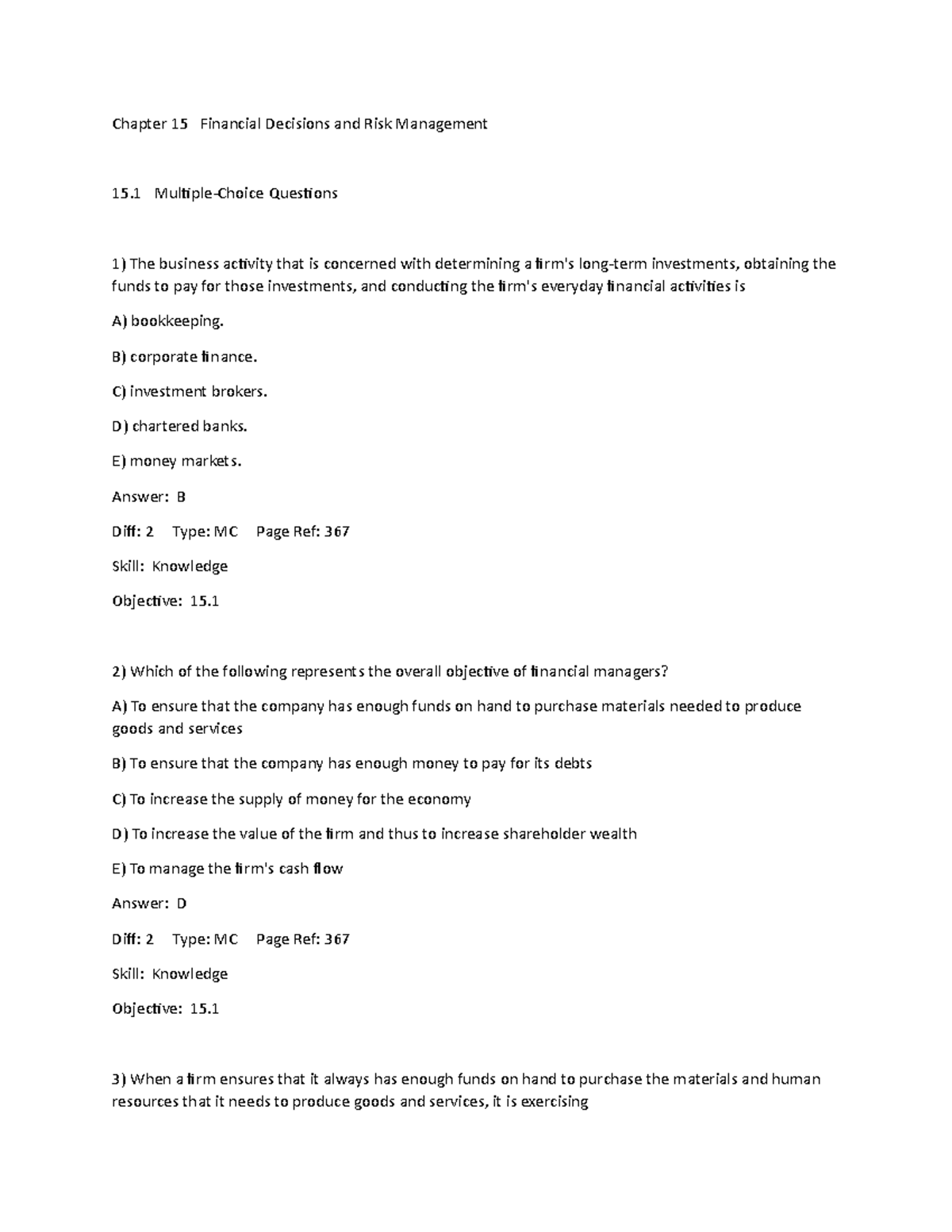 Exam Spring 2020, questions and answers - Chapter 15 Financial ...