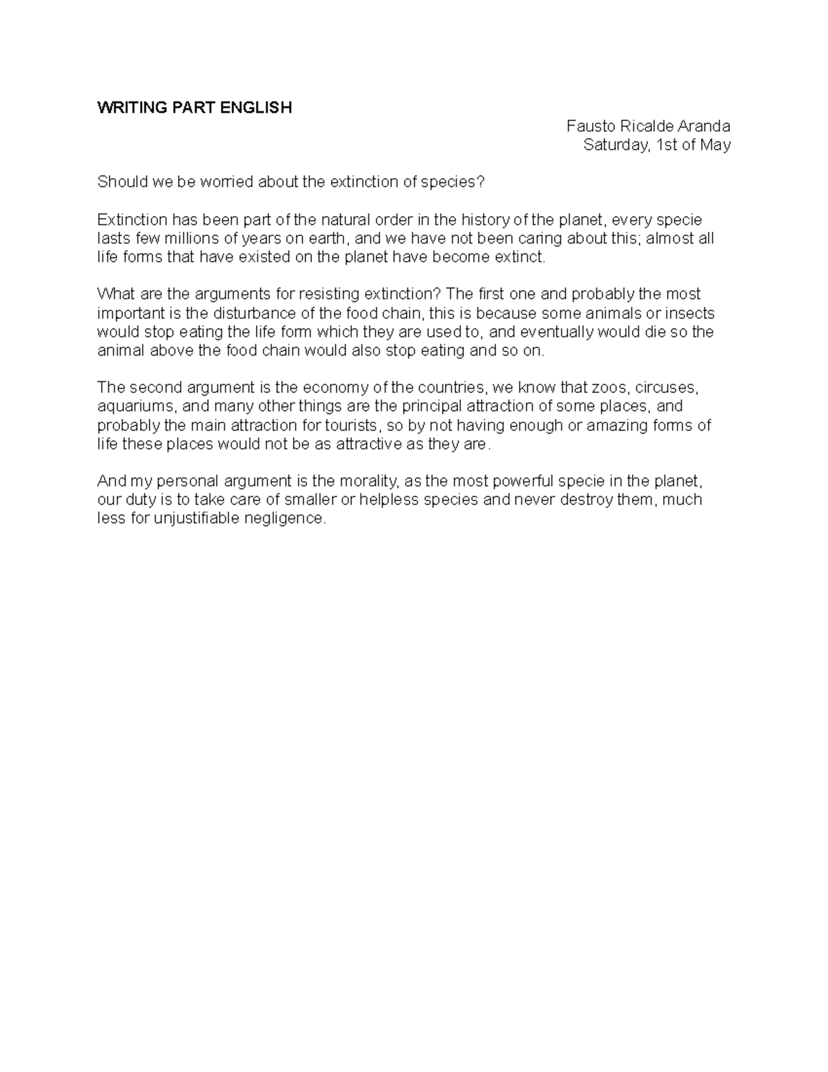 Writing PART English, Ejemplo Tarea de Writing - WRITING PART ENGLISH ...