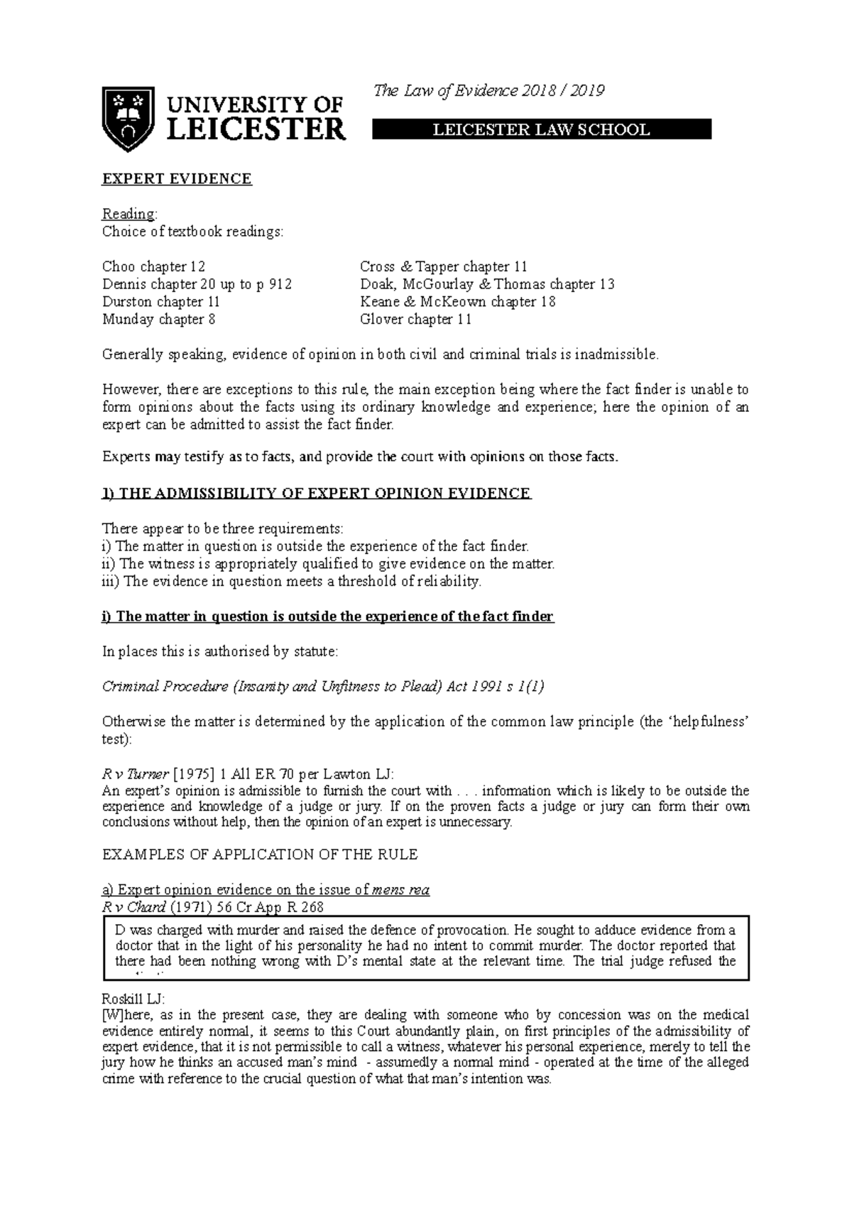 Expert Evidence Handout - The Law of Evidence 2018 / 2019 LEICESTER LAW ...