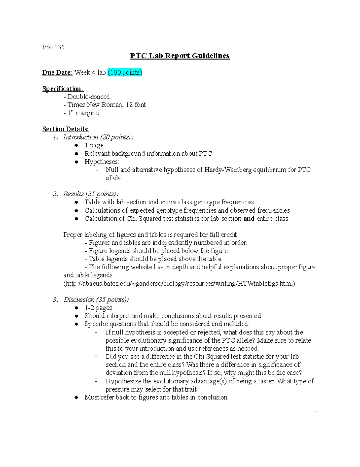 Bio 135 PTC Paper W22 - PTC Lab Report Guidelines Due Date: Week 4 lab ...