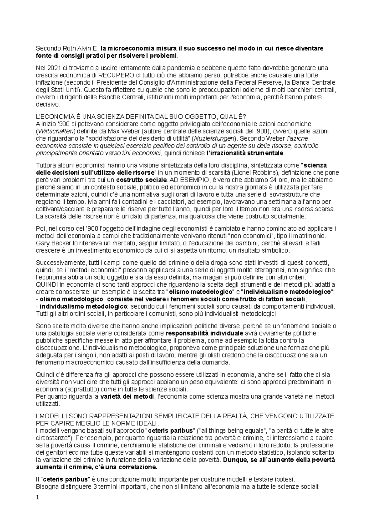 Riass Economia Politica - Secondo Roth Alvin E. la microeconomia misura ...