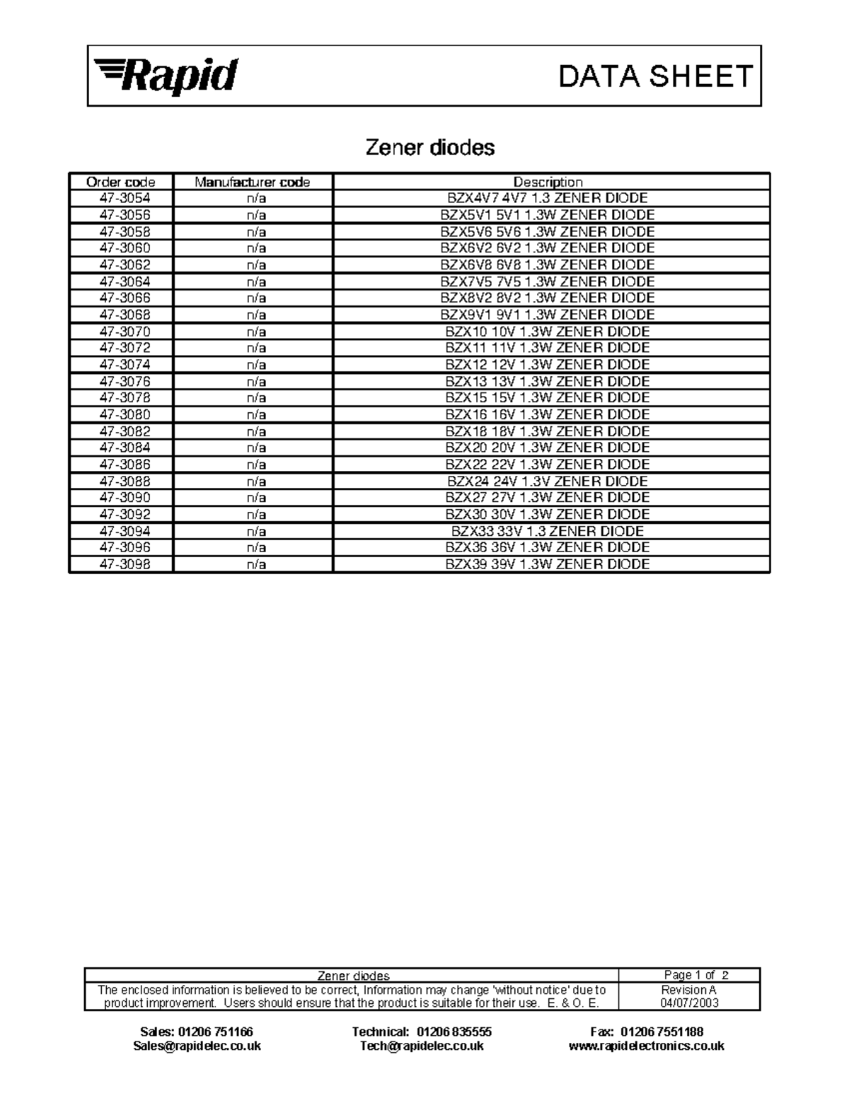 47-3054e - 47-3054e - DATA SHEET Page 1 of The enclosed information is ...