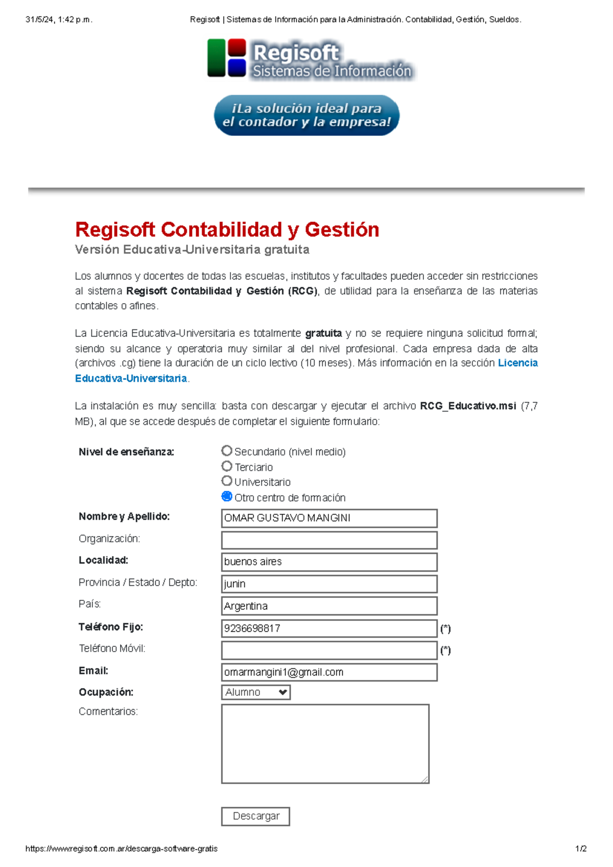 Sistema Regisoft Primera HOJA - Regisoft Contabilidad y Gestión Versión Educativa-Universitaria ...