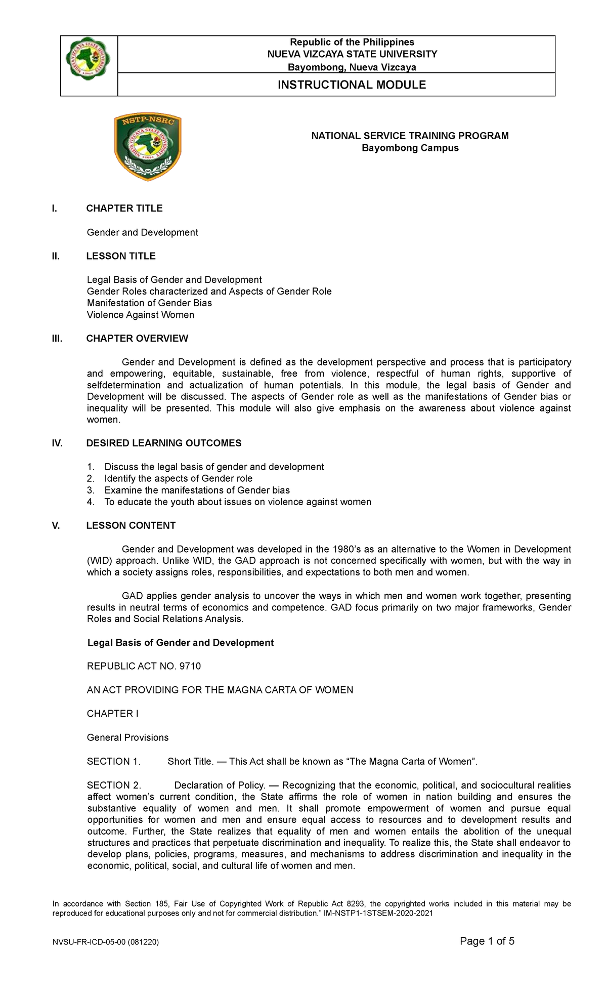 NSTP1 Gender and Development - NATIONAL SERVICE TRAINING PROGRAM ...