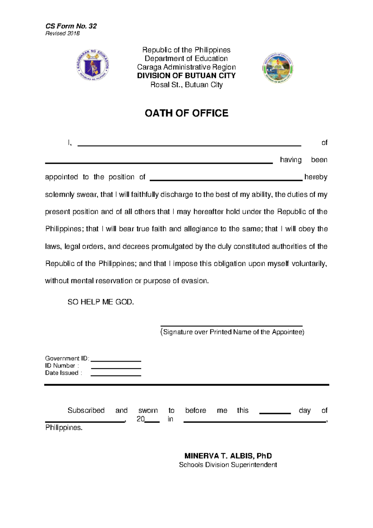 CS Form No. 32 Oath of Office (A4 )-NEW - CS Form No. 32 Revised 2018 ...