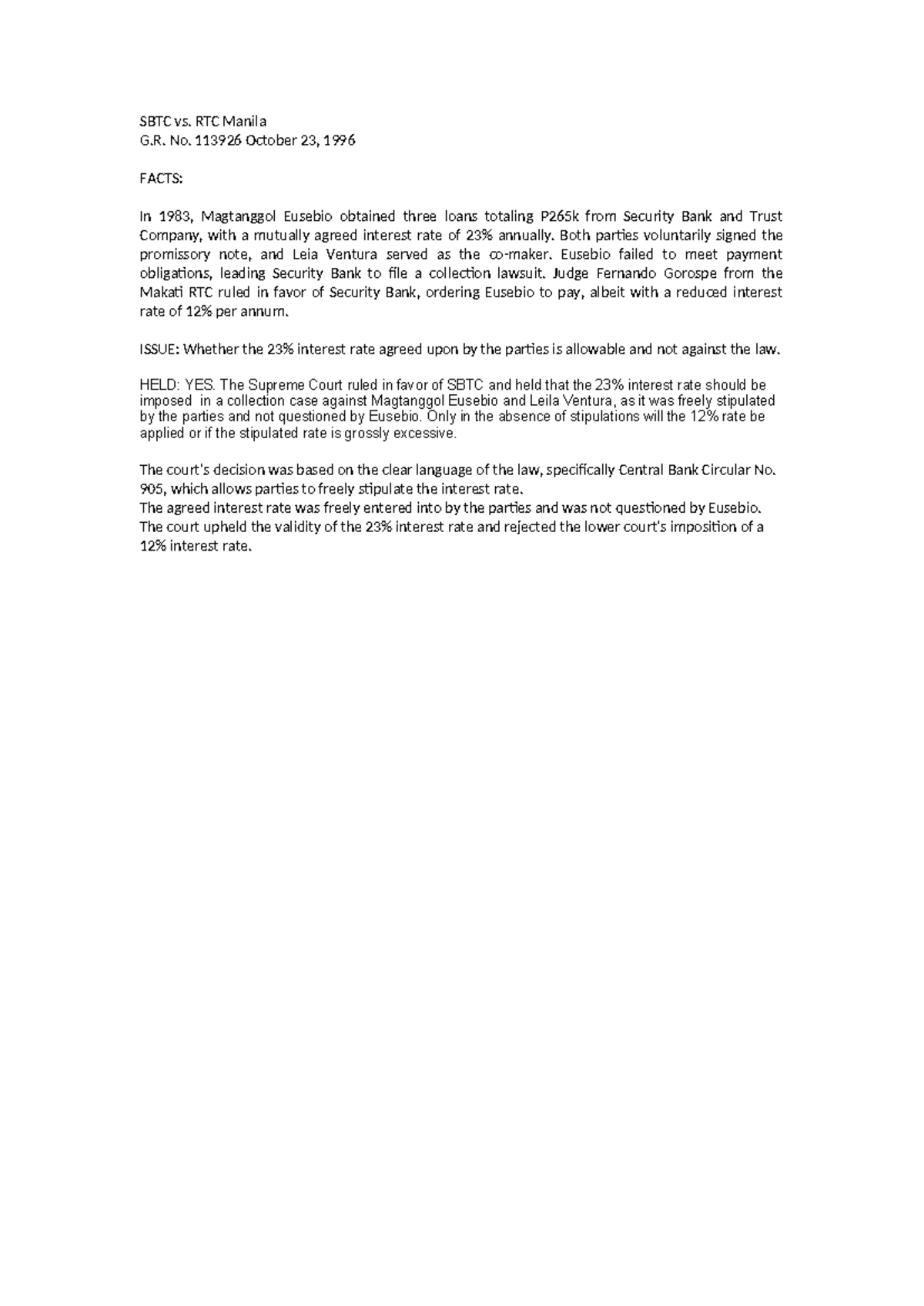 SBTC-vs - Case digest - SBTC vs. RTC Manila G. No. 113926 October 23 ...
