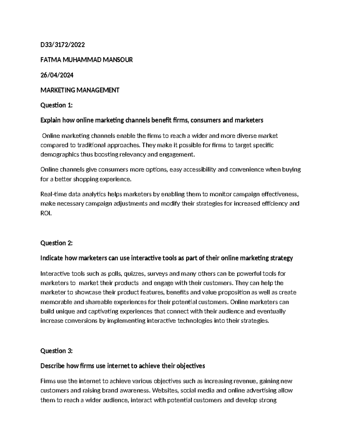 Marketing Assignment - D33/3172/ FATMA MUHAMMAD MANSOUR 26/04 ...