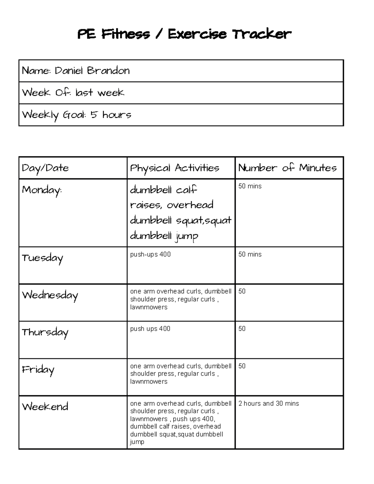 Physical Education Student Form Activity Tracking Log in Google Doc ...