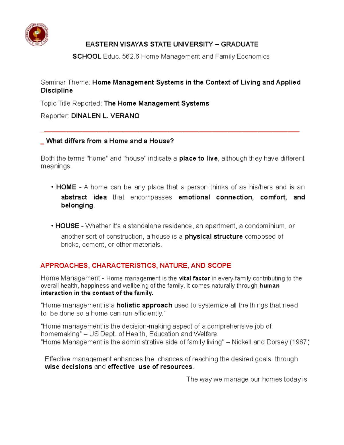 Handout Home Management Systems - EASTERN VISAYAS STATE UNIVERSITY ...