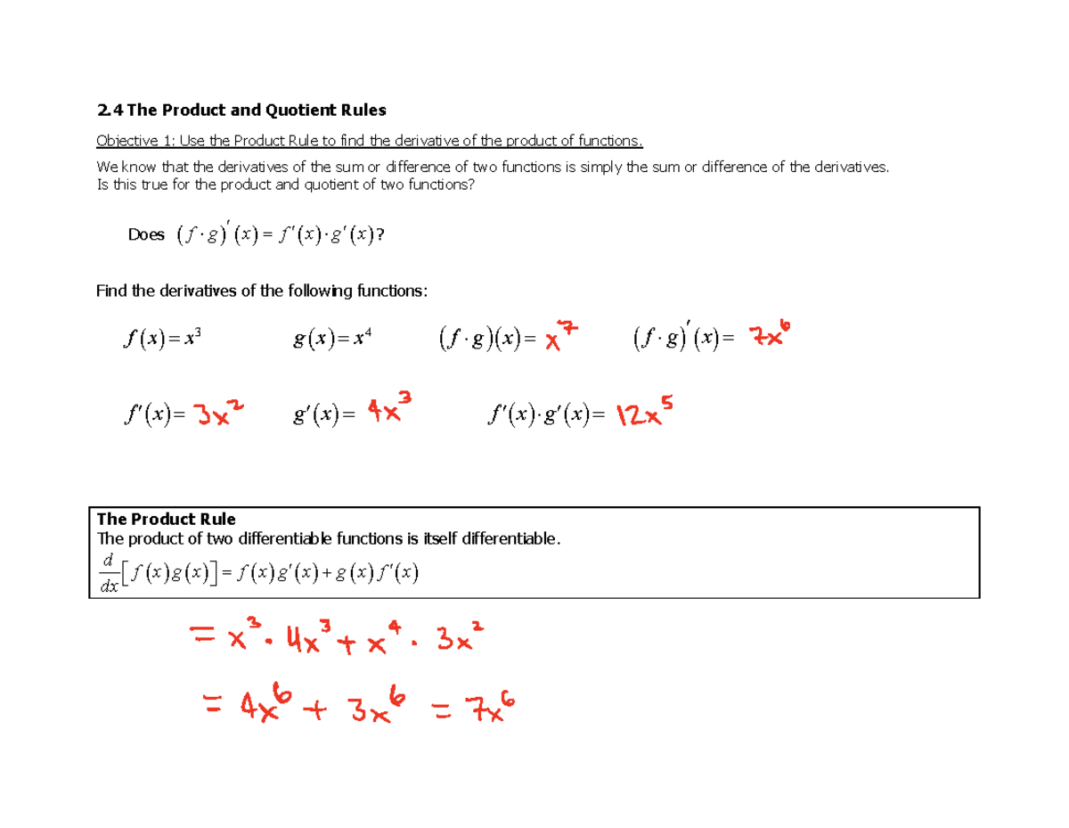 2.4 The Product and Quotient Rules - 2 The Product and Quotient Rules ...