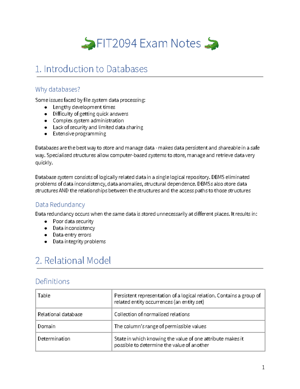 FIT2094 Exam Notes - 🐊FIT2094 Exam Notes 🐊 1. Introduction to Databases ...