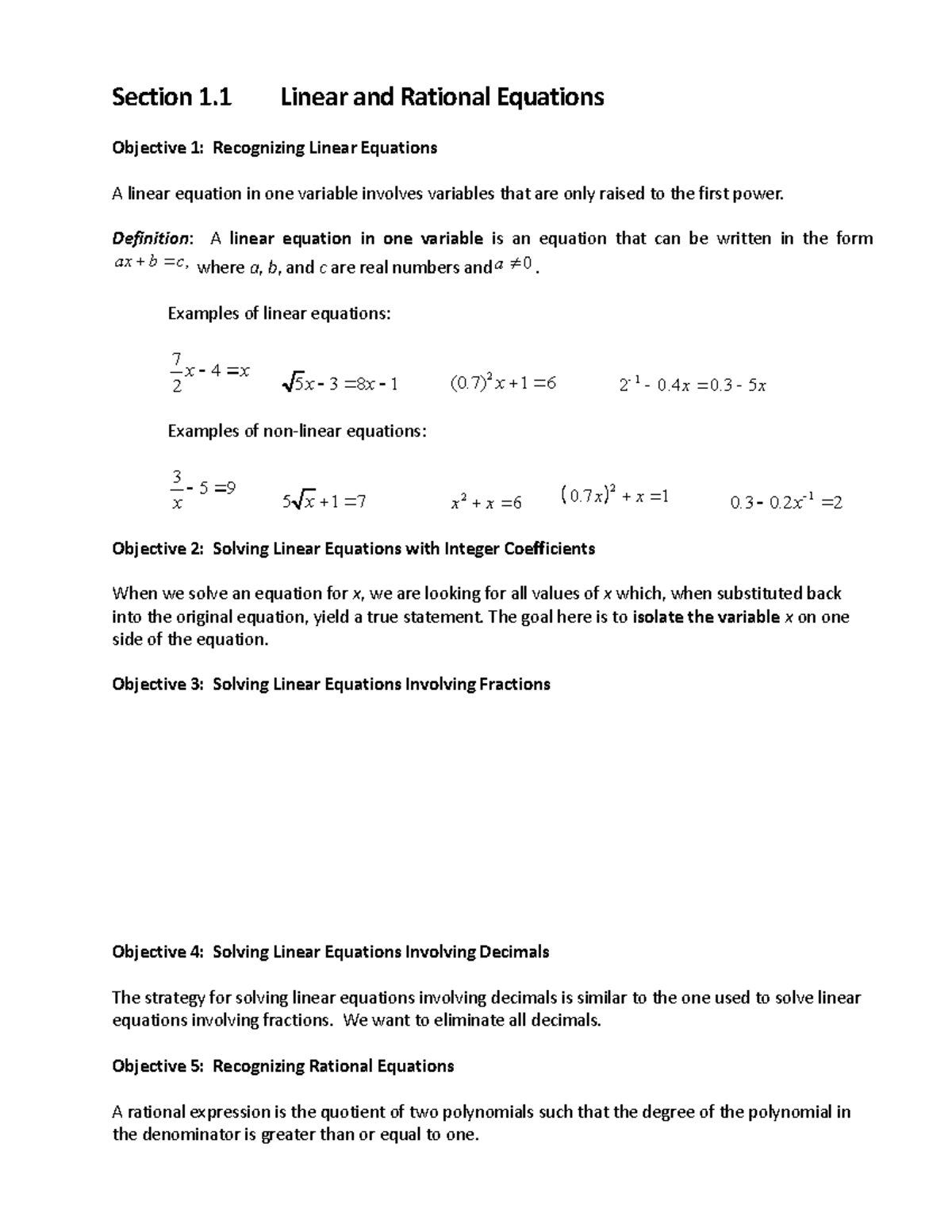 Sec 1.1 0402190 - Linear and Rational Equations class notes - Section 1 ...