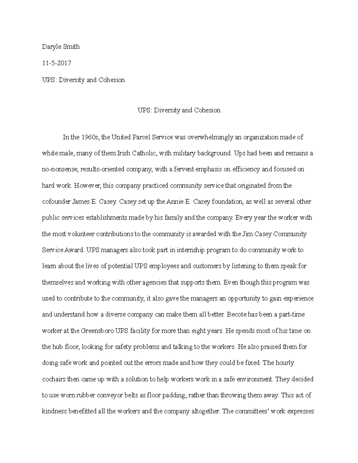 UPS Diversity and Cohesion - Daryle Smith 11-5- UPS: Diversity and ...