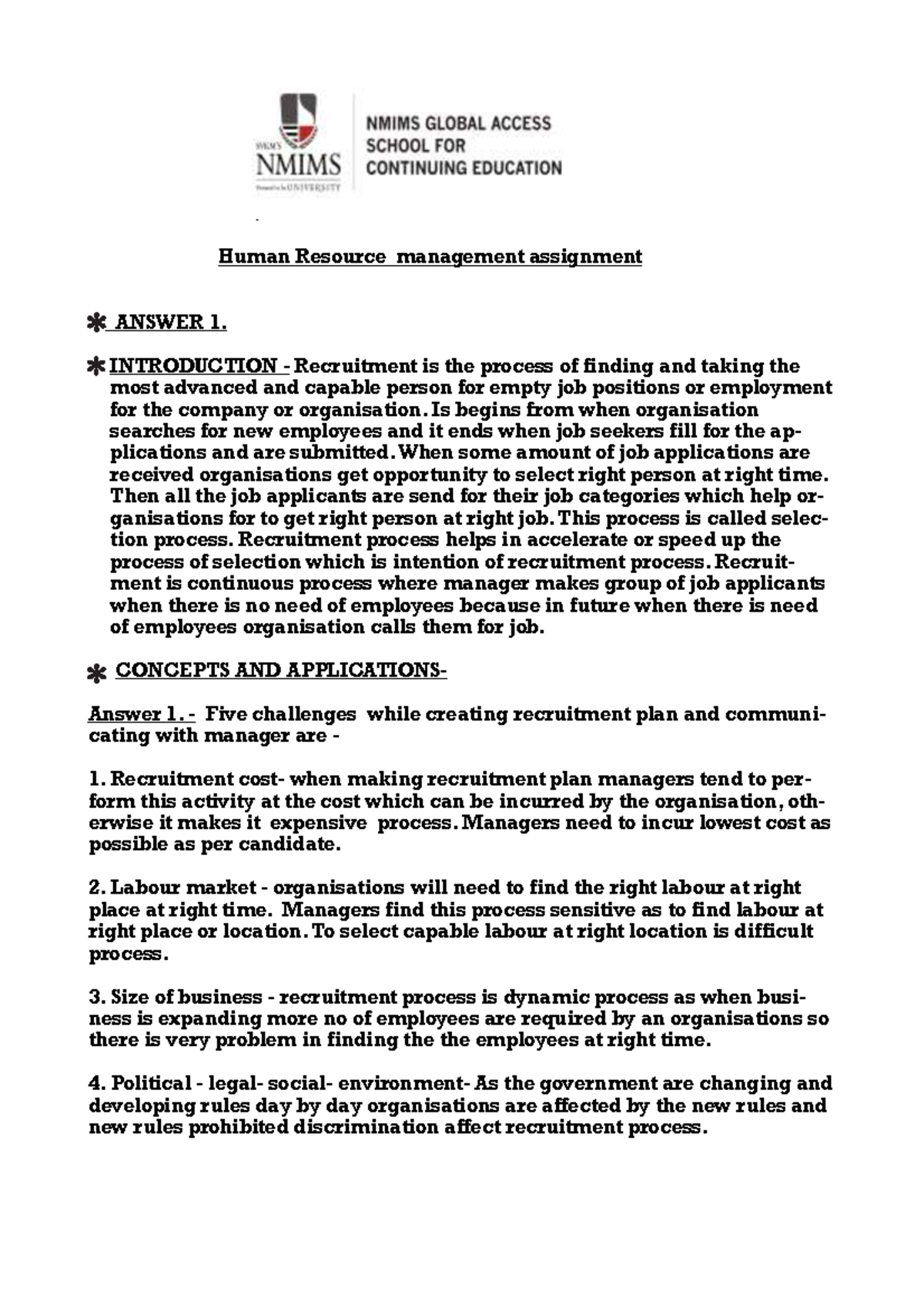 Human Resource Management Assignment - A Human Resource management assignment ANSWER 1 ...
