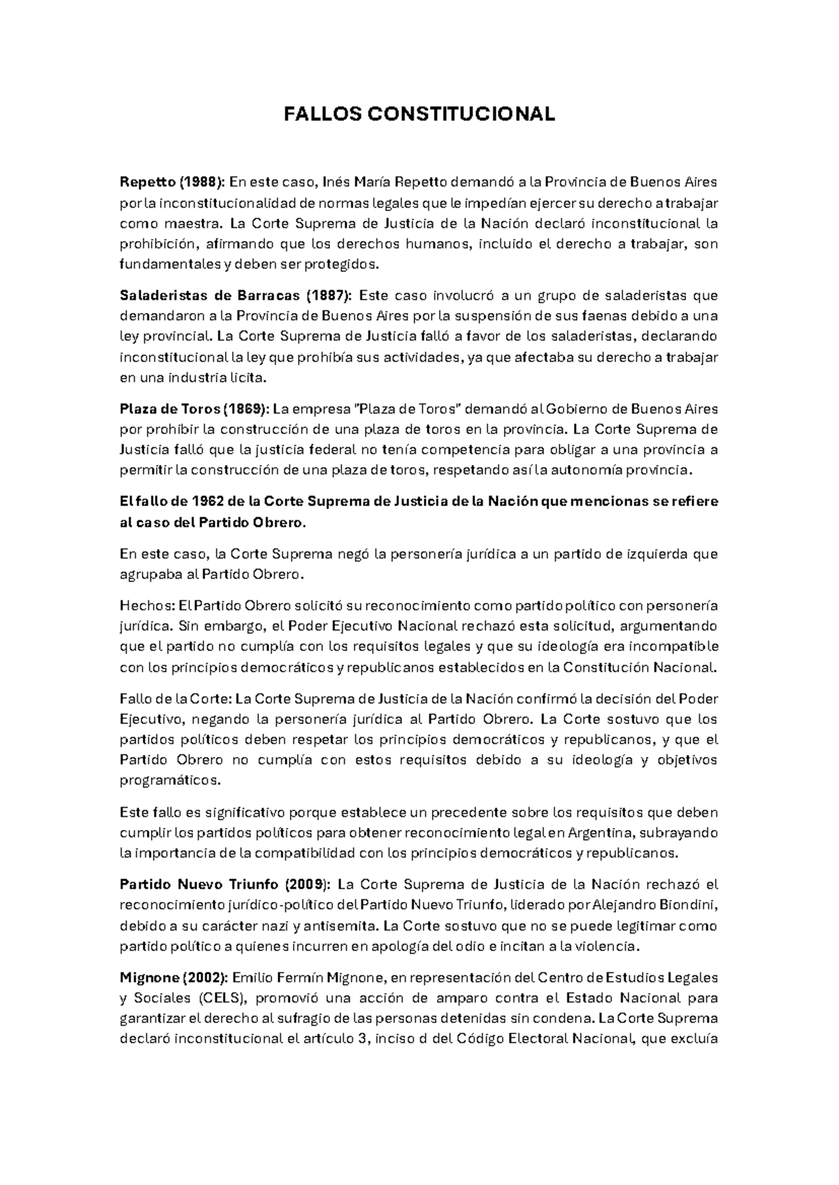 Fallos Constitucional segundo parcial - FALLOS CONSTITUCIONAL Repetto (1988): En este caso, Inés ...